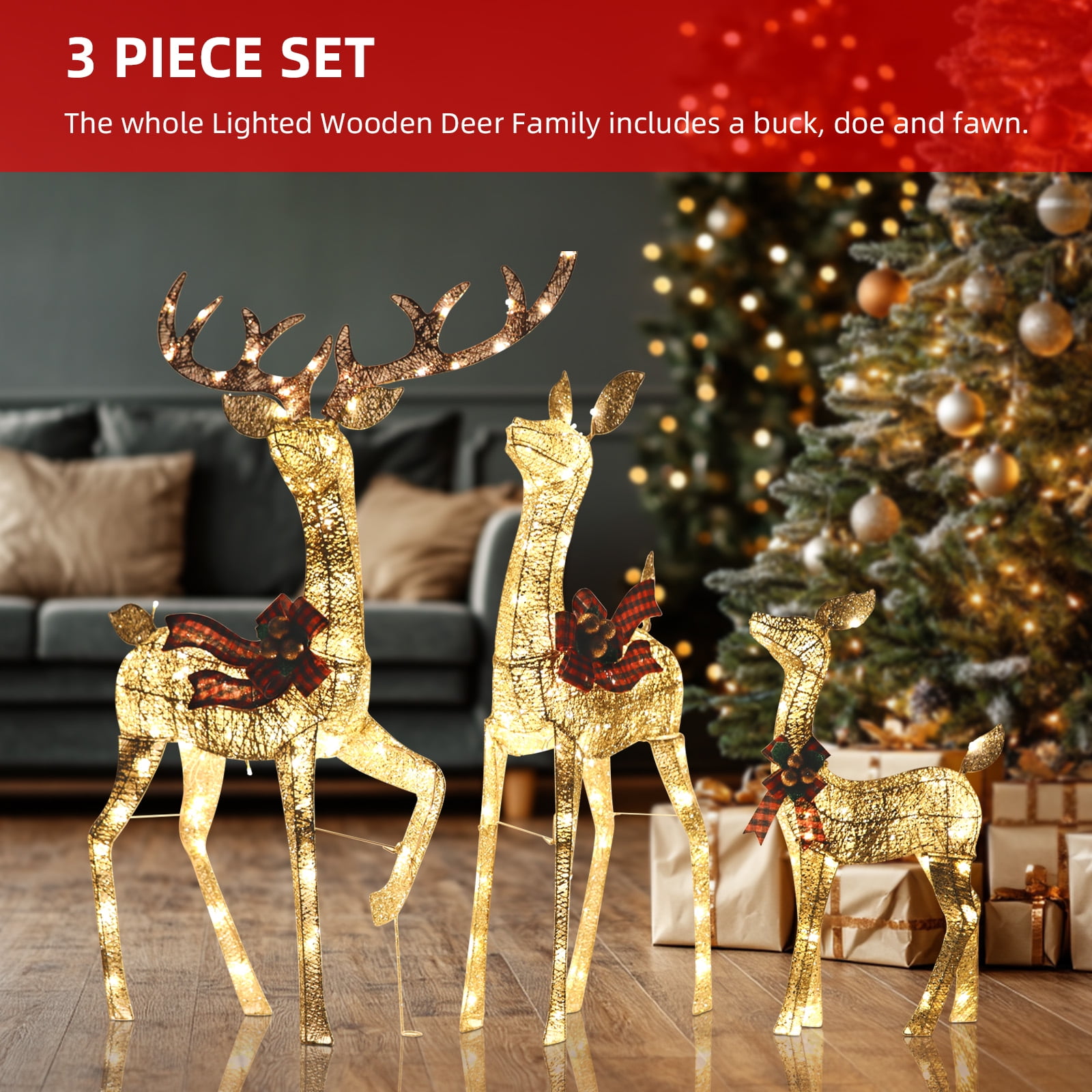 3-Piece Large Lighted Christmas Deer Family Set 5Ft Outdoor Yard ...