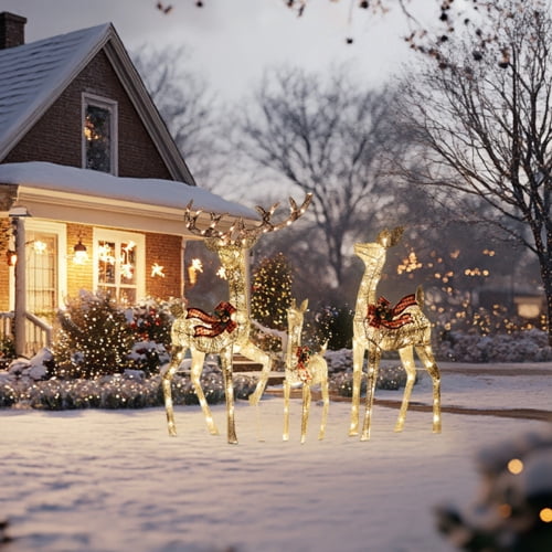 3-Piece Large Lighted Christmas Golden Reindeer Family Set, Christmas ...