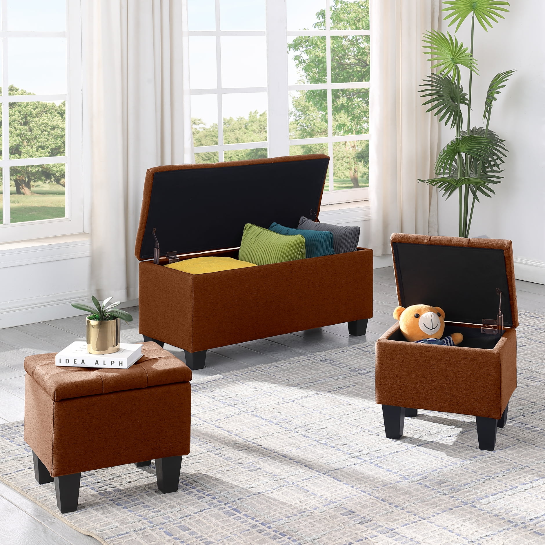 3 Piece Large Storage Ottoman Bench Set, Linen Fabric Upholstered ...