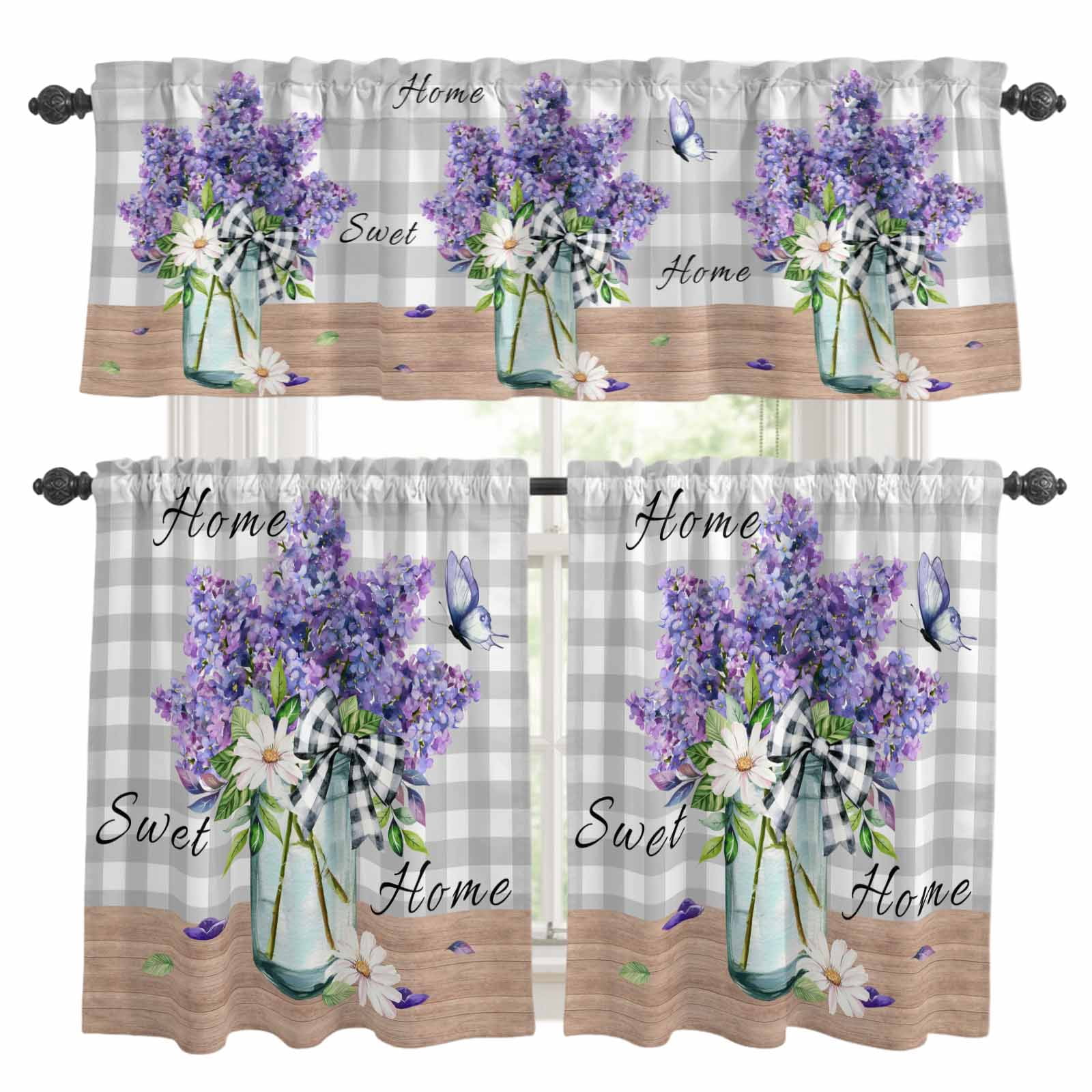3 Piece Lavender Daisy Kitchen Curtain Valance and Tiers Set ...