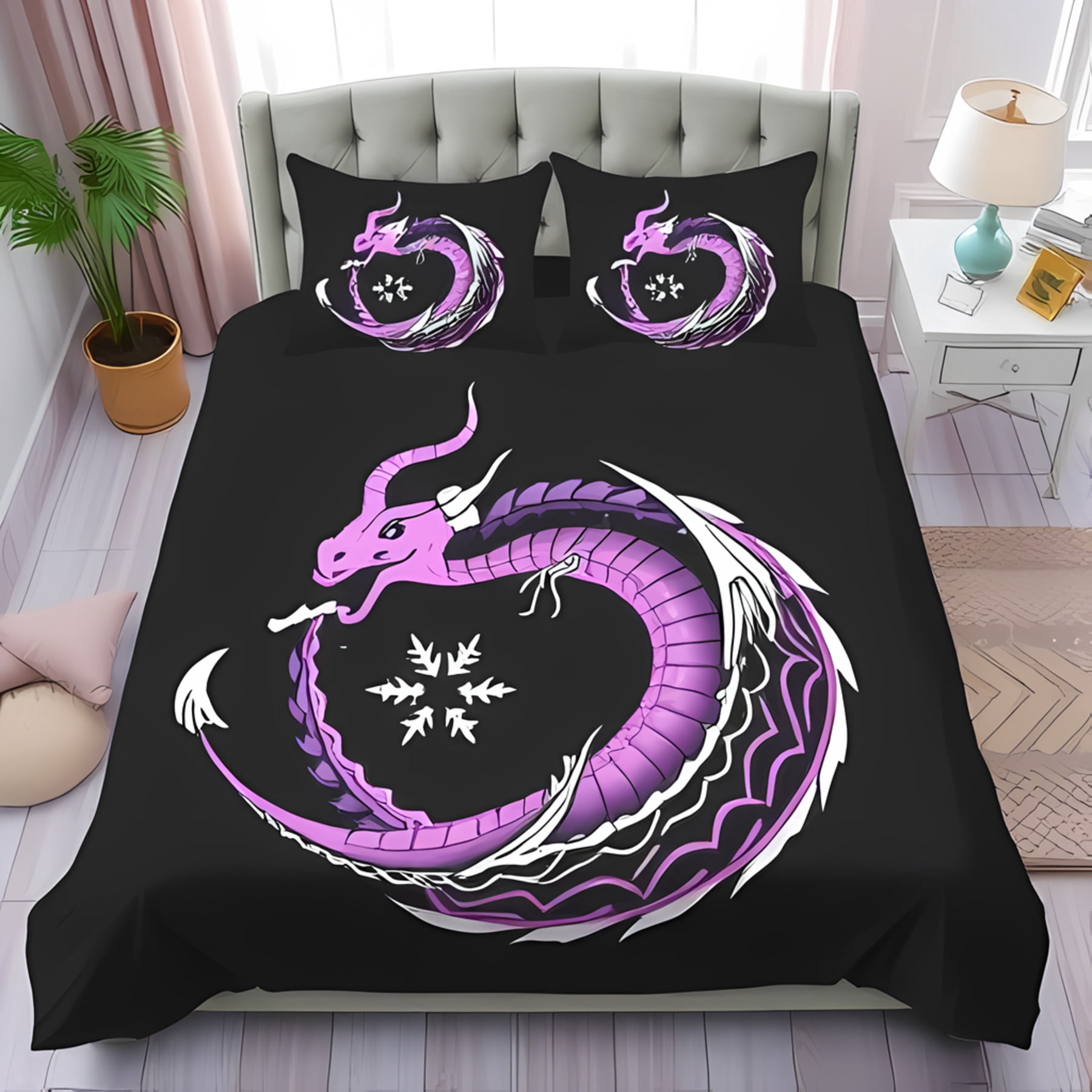 3-Piece Lavender Dragon Duvet Cover Set - Vibrant Fantasy Design on ...
