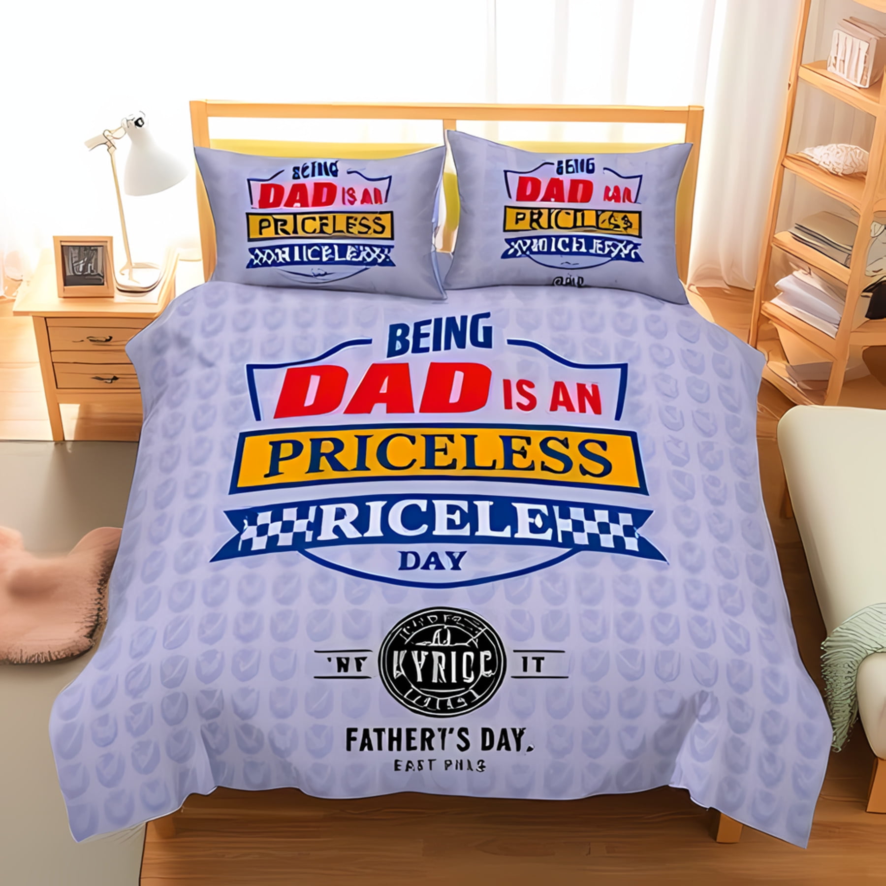 3-Piece Lavender Duvet Cover Set with Bold Graphic Design - " Being Dad is a Priceless Day ...