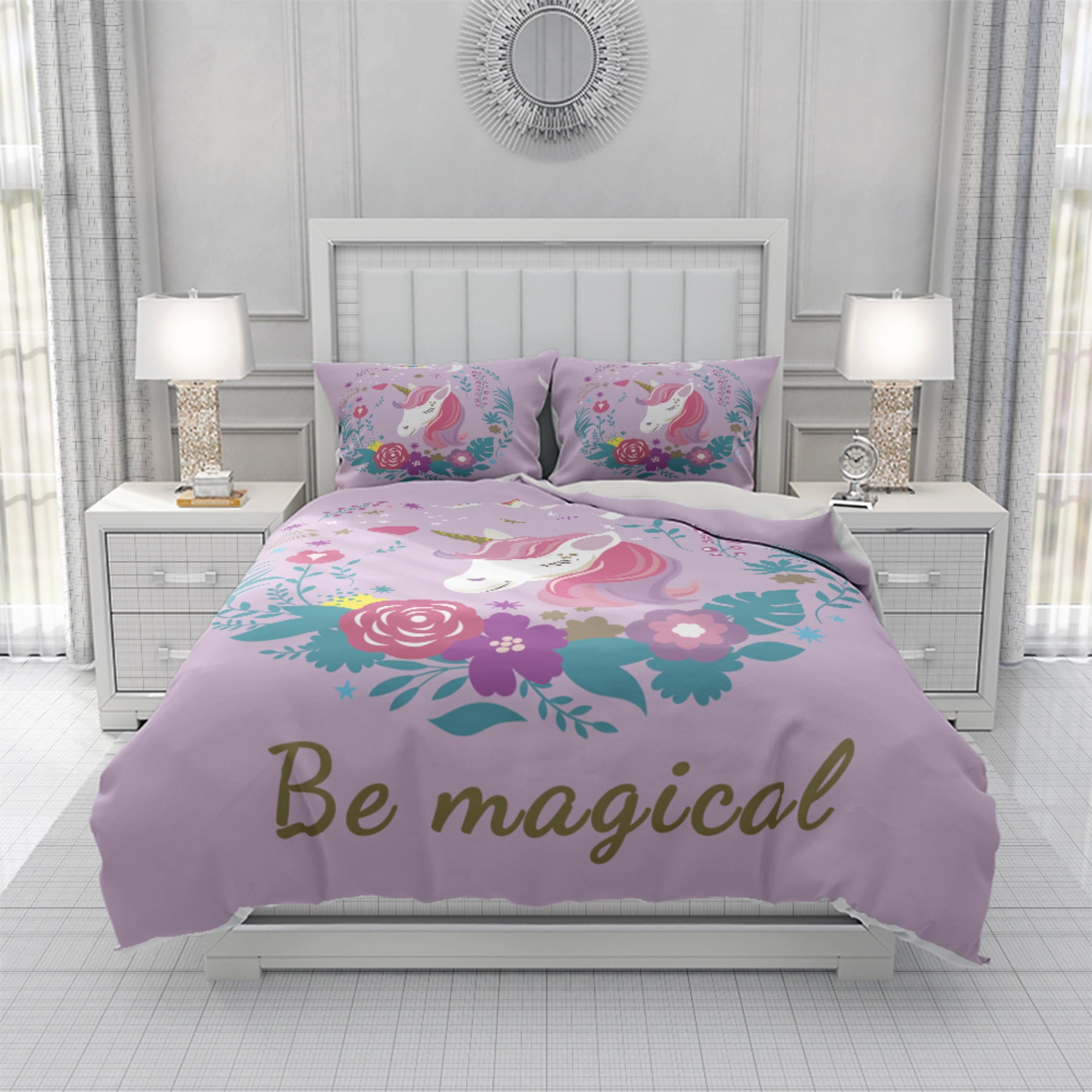 3-Piece Lavender Duvet Cover Set with Floral Wreath & "Be Magical ...