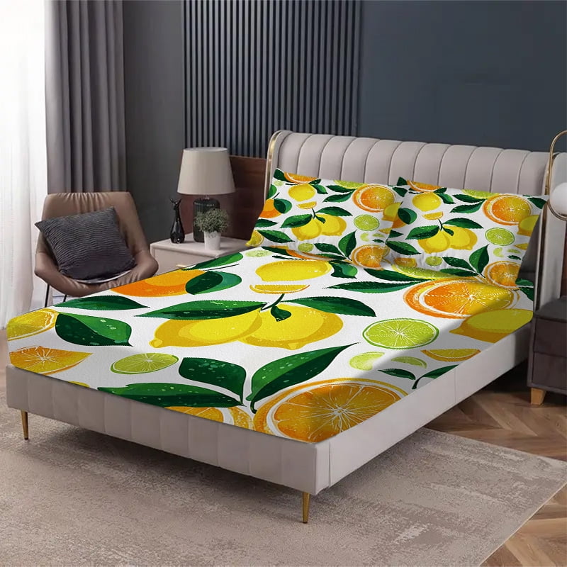 3-Piece Lemon Fruit Bedding Set - Ultra Soft Fitted Sheet & Pillowcases ...