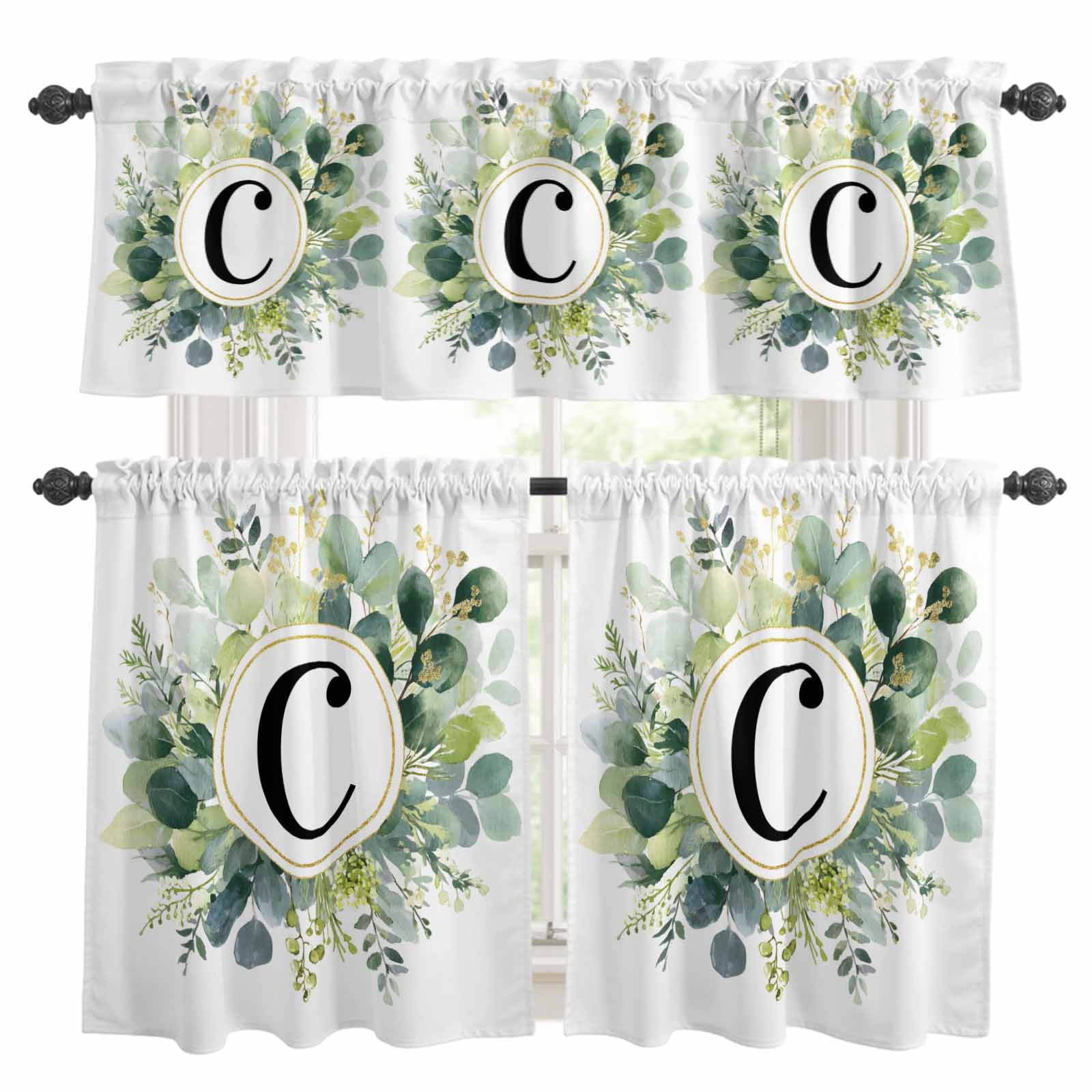 3 Piece Letter C Kitchen Curtain Valance and Tiers Set Alphabet Green ...