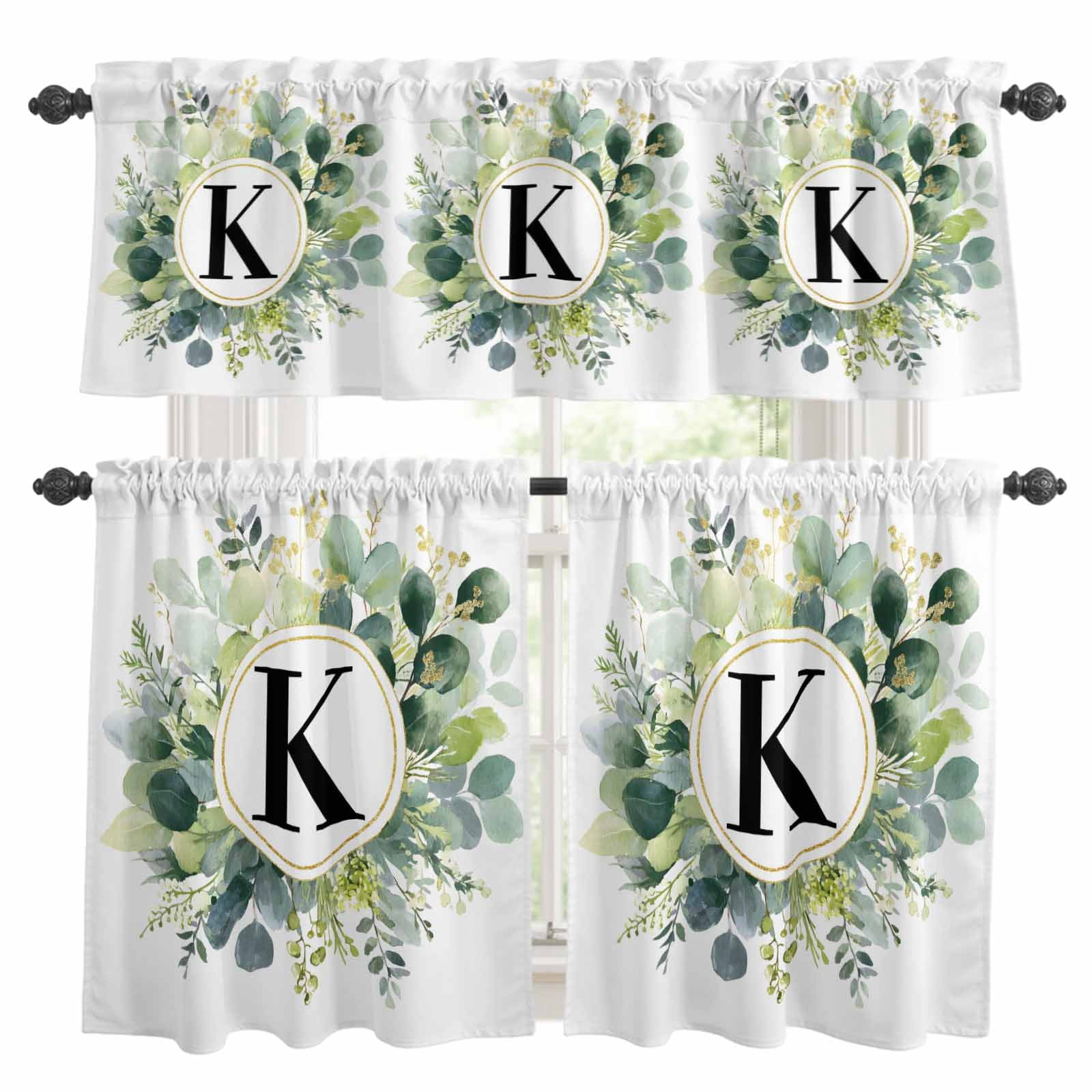 3 Piece Letter K Kitchen Curtain Valance and Tiers Set Alphabet Green ...