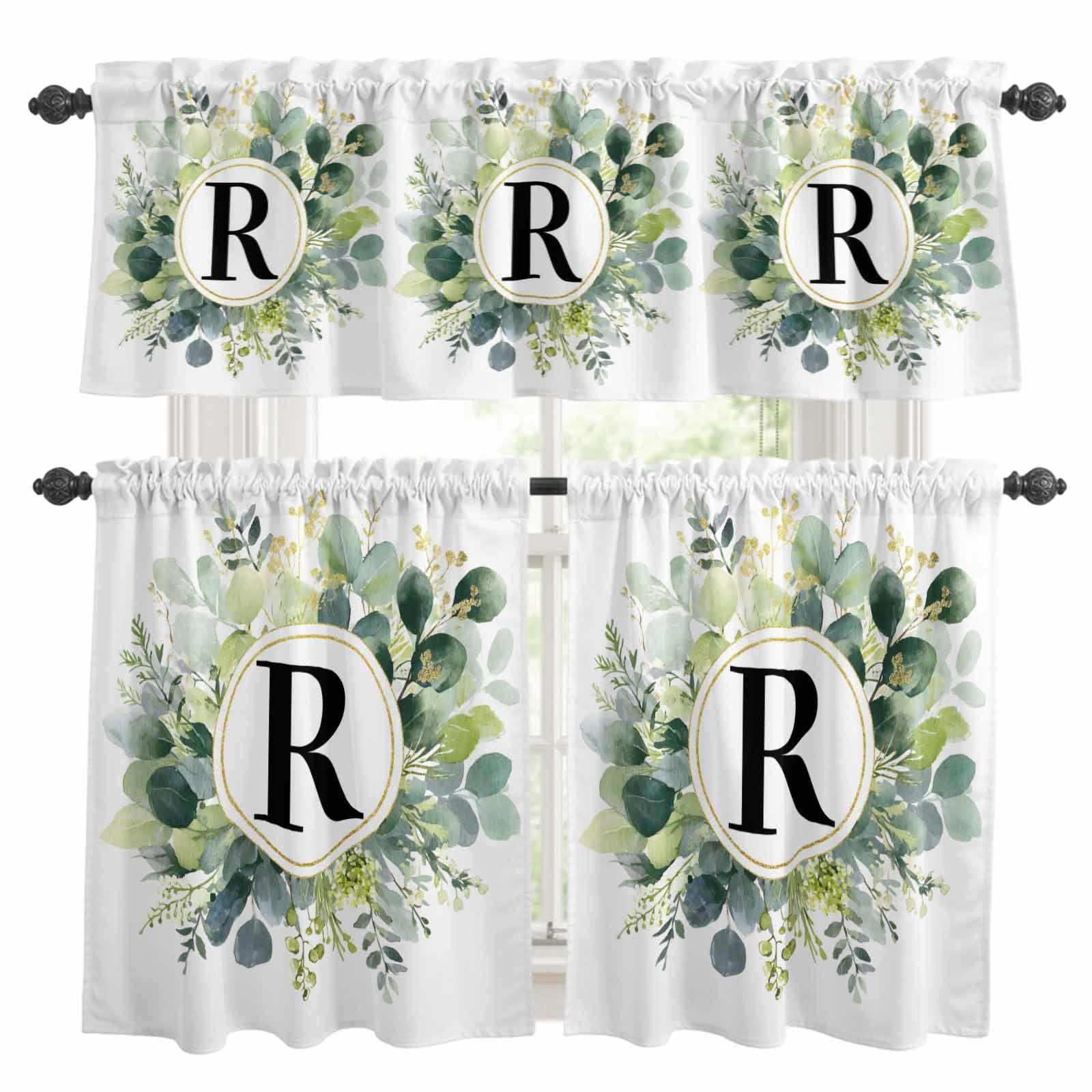 3 Piece Letter R Kitchen Curtain Valance and Tiers Set Alphabet Green ...