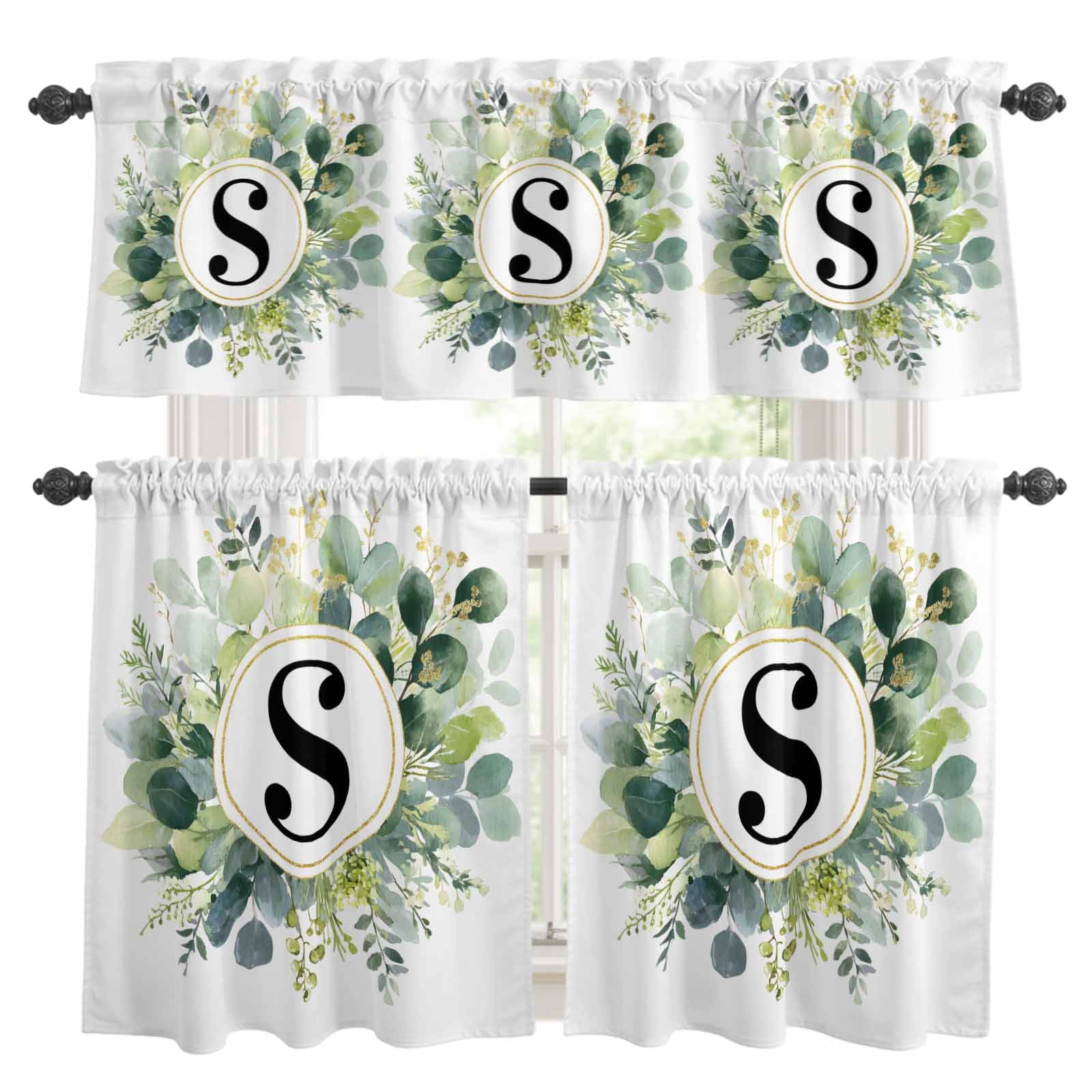 3 Piece Letter S Kitchen Curtain Valance and Tiers Set Alphabet Green ...
