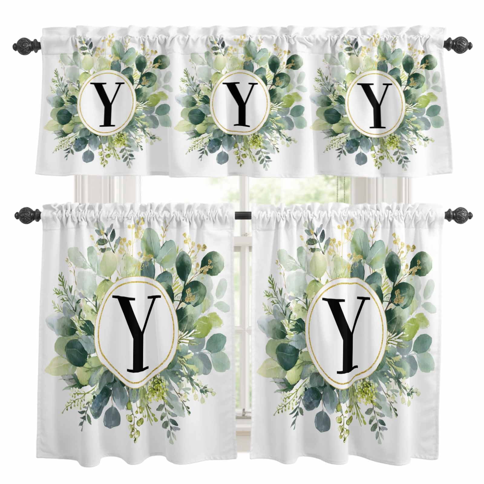 3 Piece Letter Y Kitchen Curtain Valance and Tiers Set Alphabet Green ...