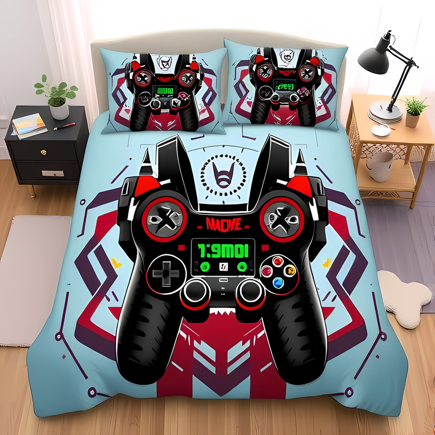 3-Piece Light Blue Controller Duvet Cover & Pillowcase Set - Futuristic ...