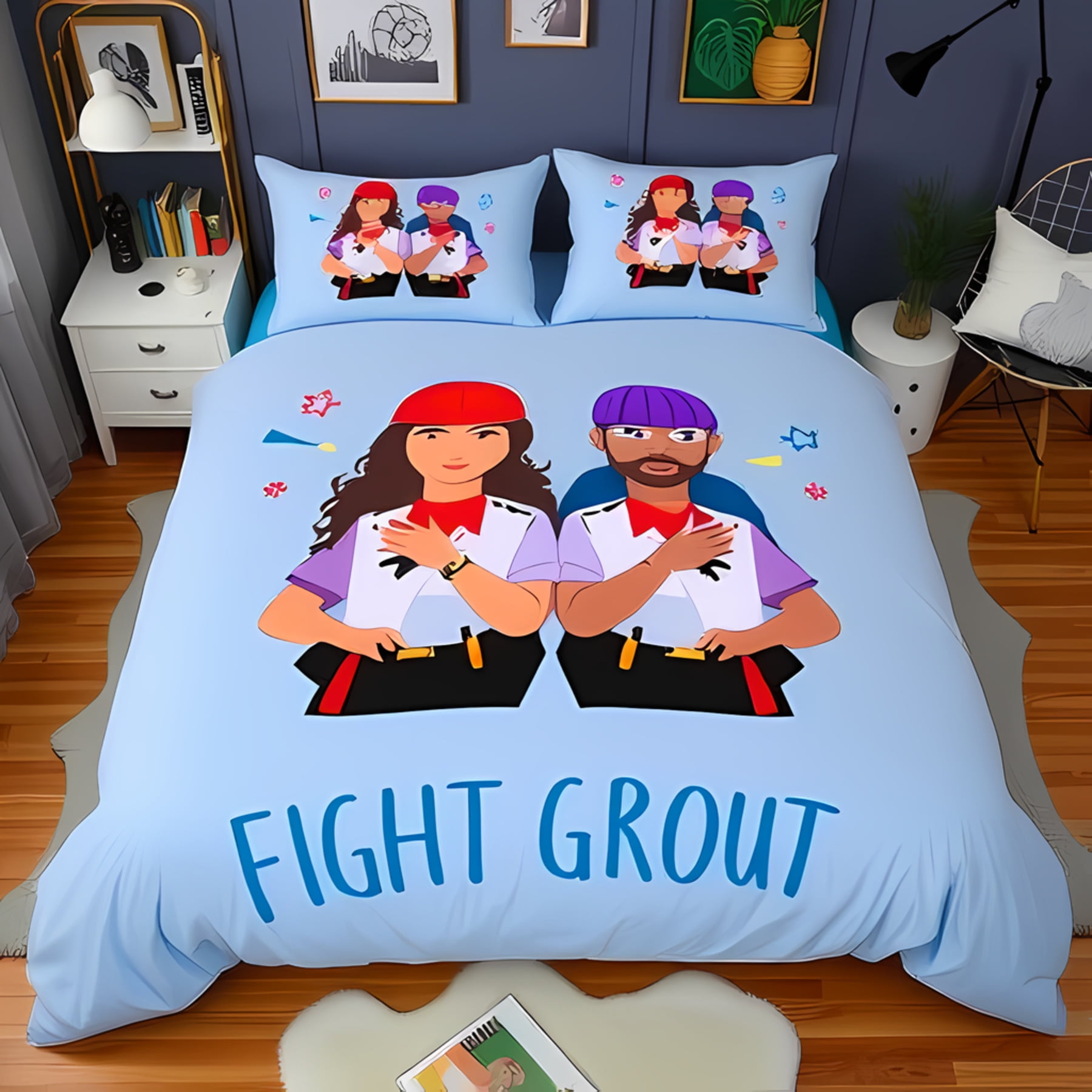 3-Piece Light Blue Duvet Cover Set Featuring Cartoon Characters with ...