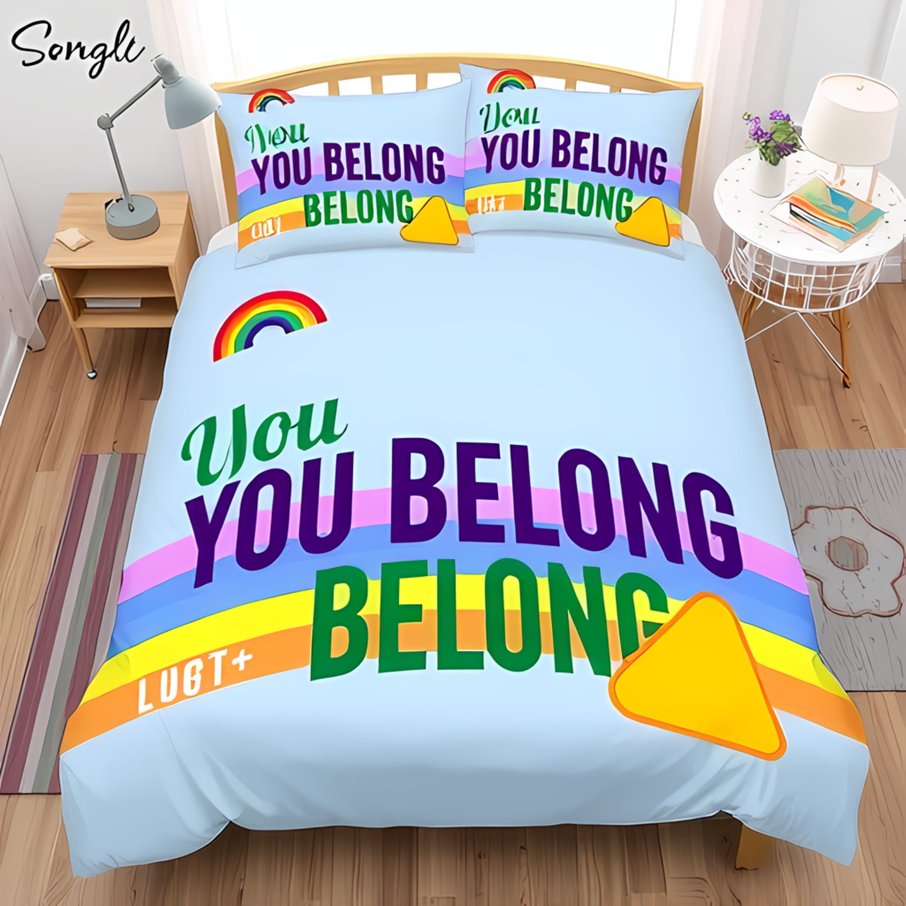 3-Piece Light Blue Duvet Cover Set with Rainbow Design & " You You ...