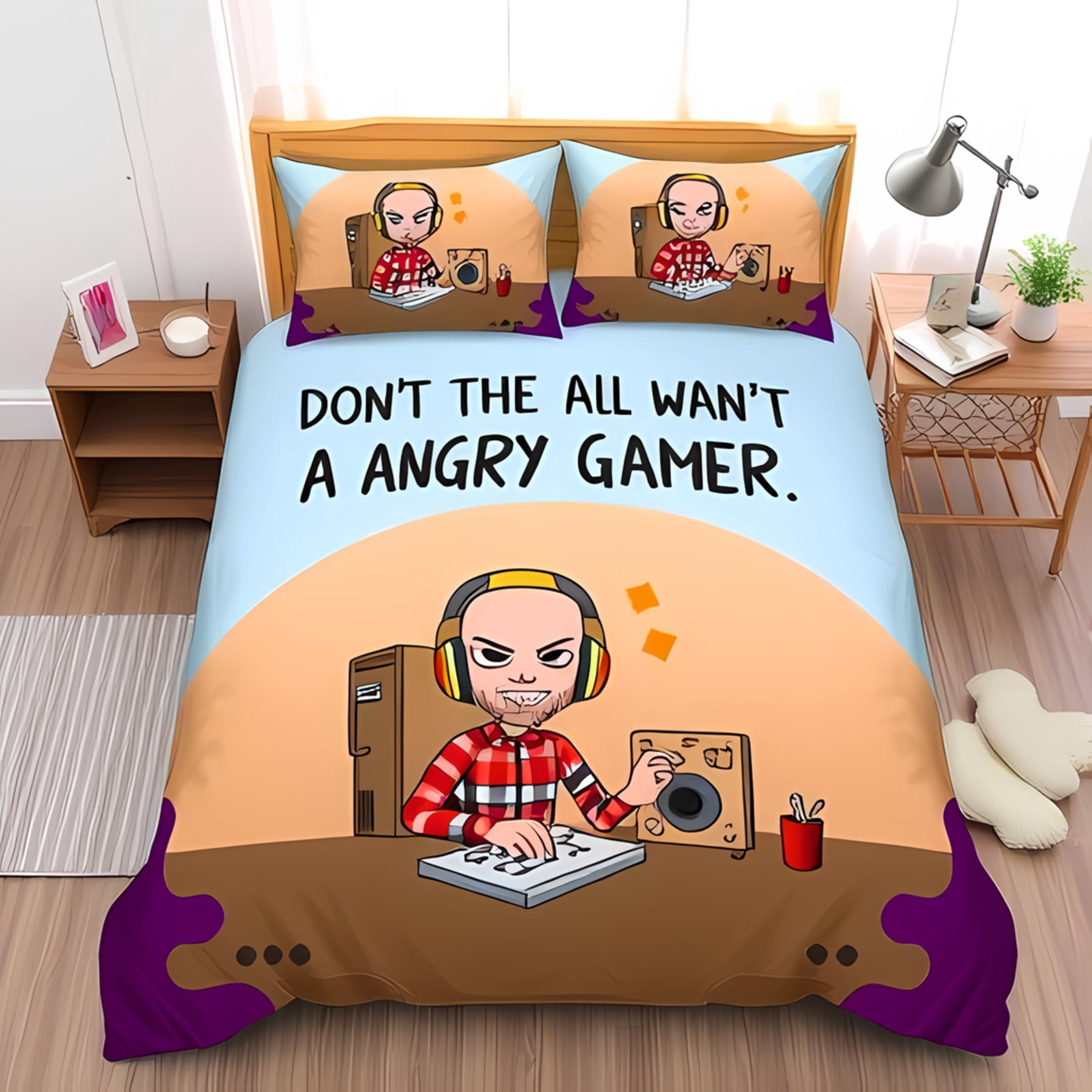 3-Piece Light Blue Duvet Cover Set with Cartoon Angry Gamer ...