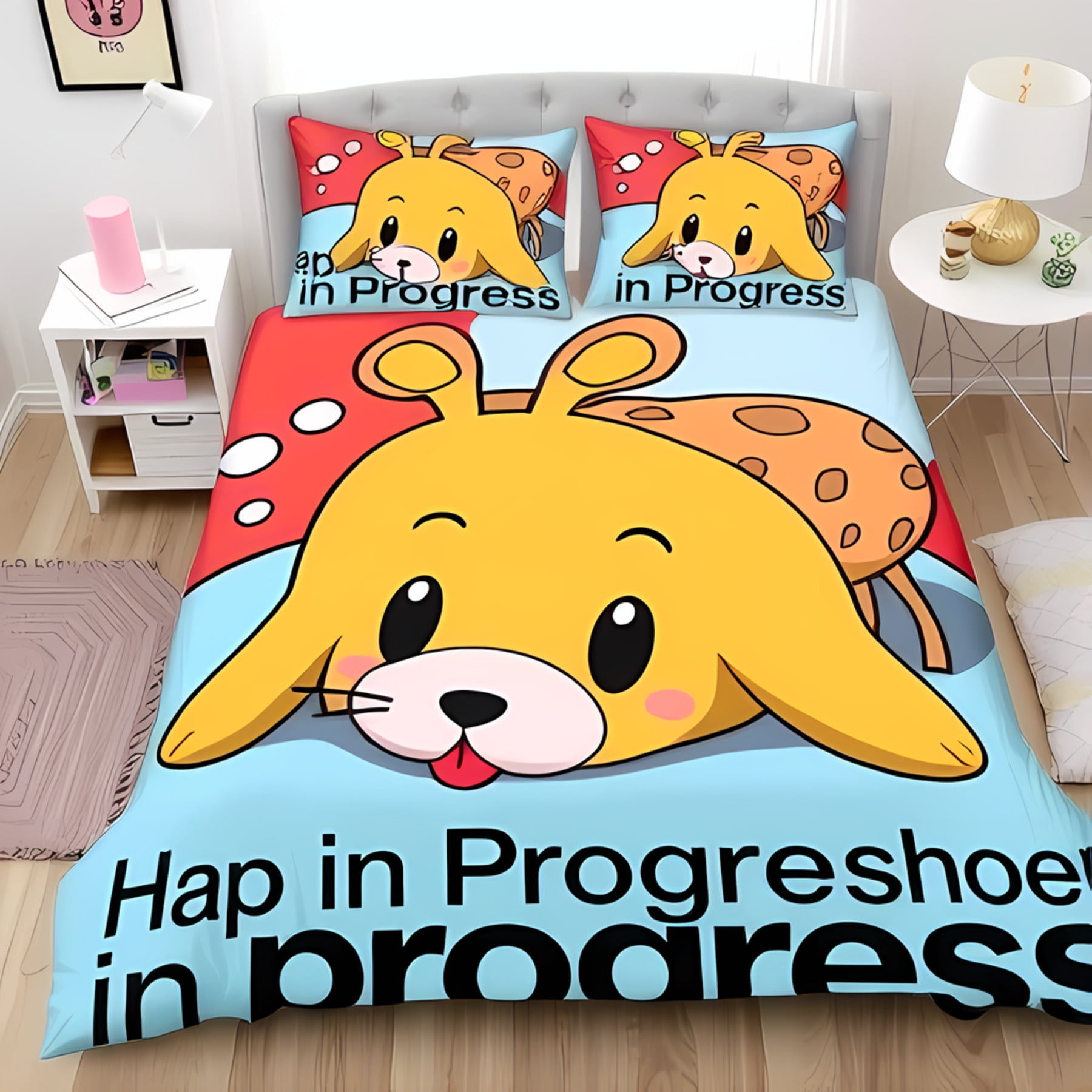 3-Piece Light Blue Duvet Cover Set with Cheerful Cartoon Yellow Creature & 'Hap in Progress ...