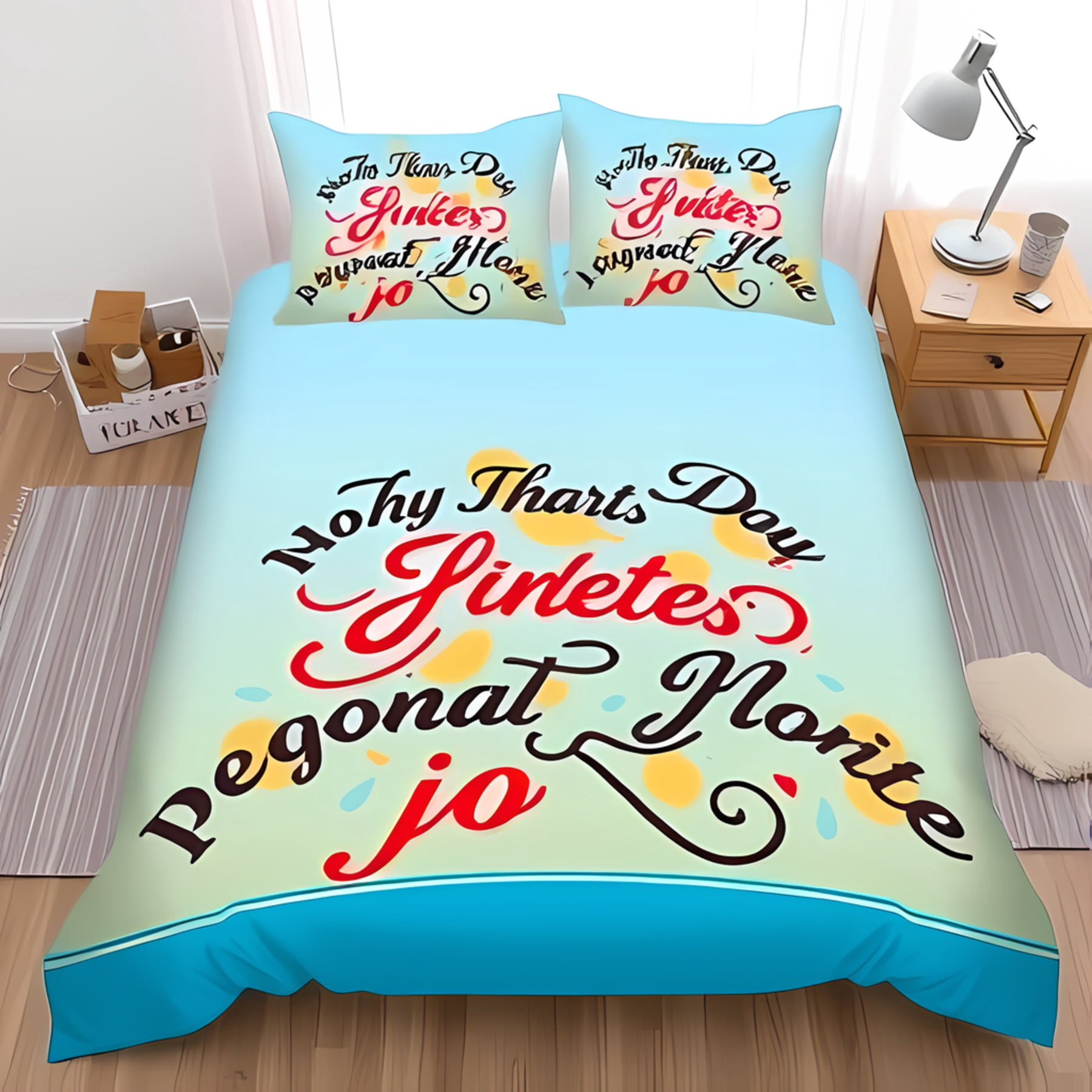 3-Piece Light Blue Duvet Cover Set with Colorful Playful Text Design ...