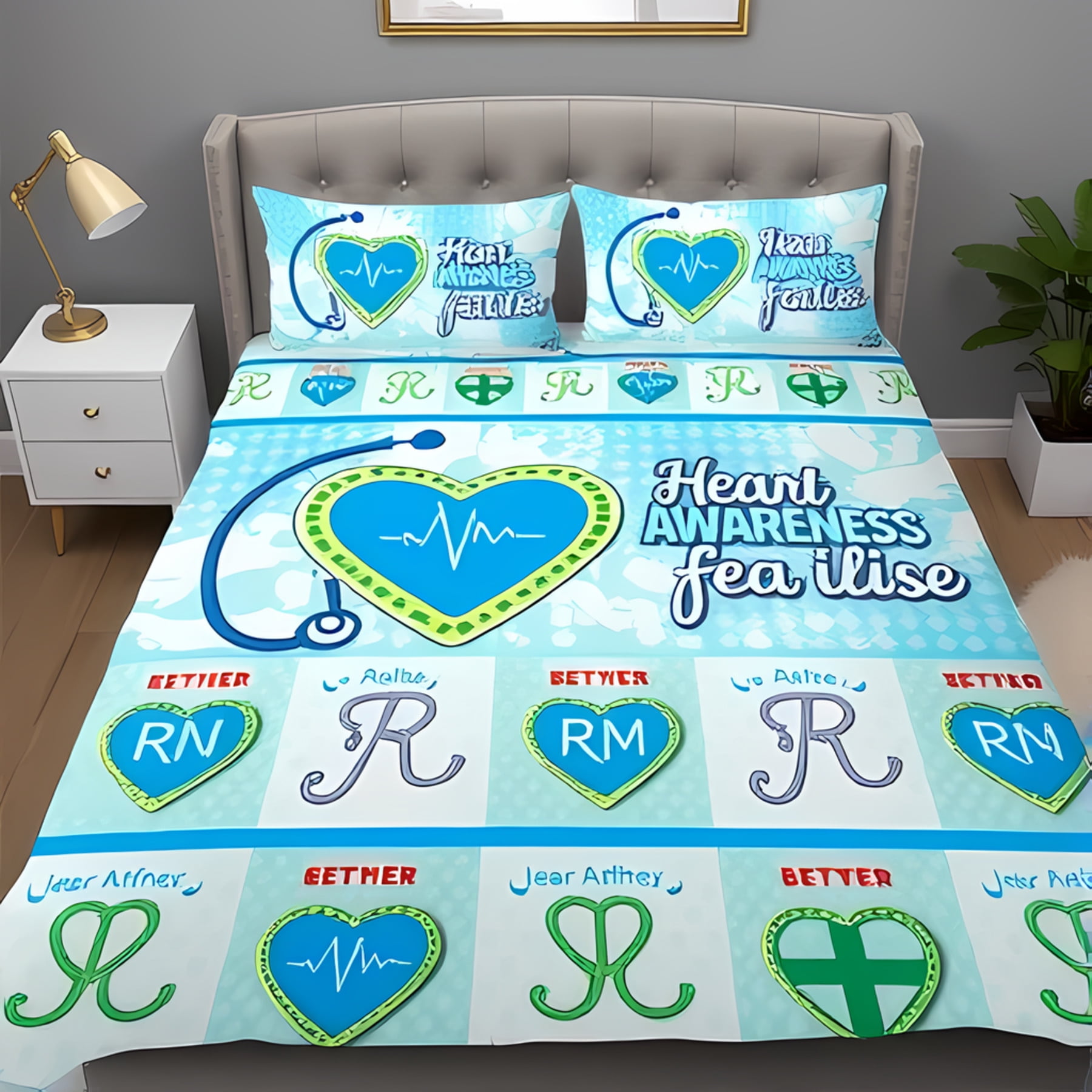3-Piece Light Blue Duvet Cover Set with Heart Awareness Design EKG ...