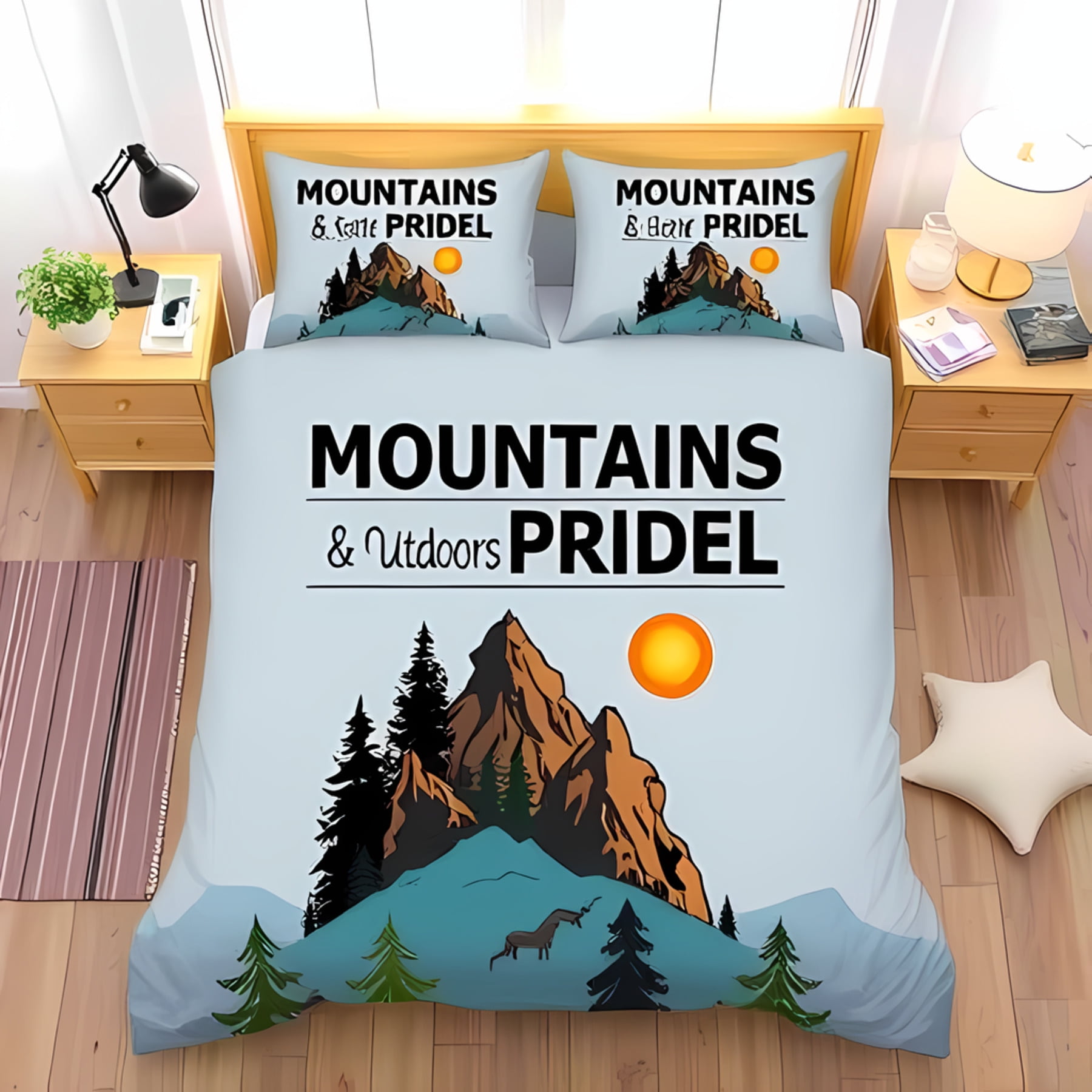 3-Piece Light Blue Duvet Cover Set with Mountain Scene Adventure ...