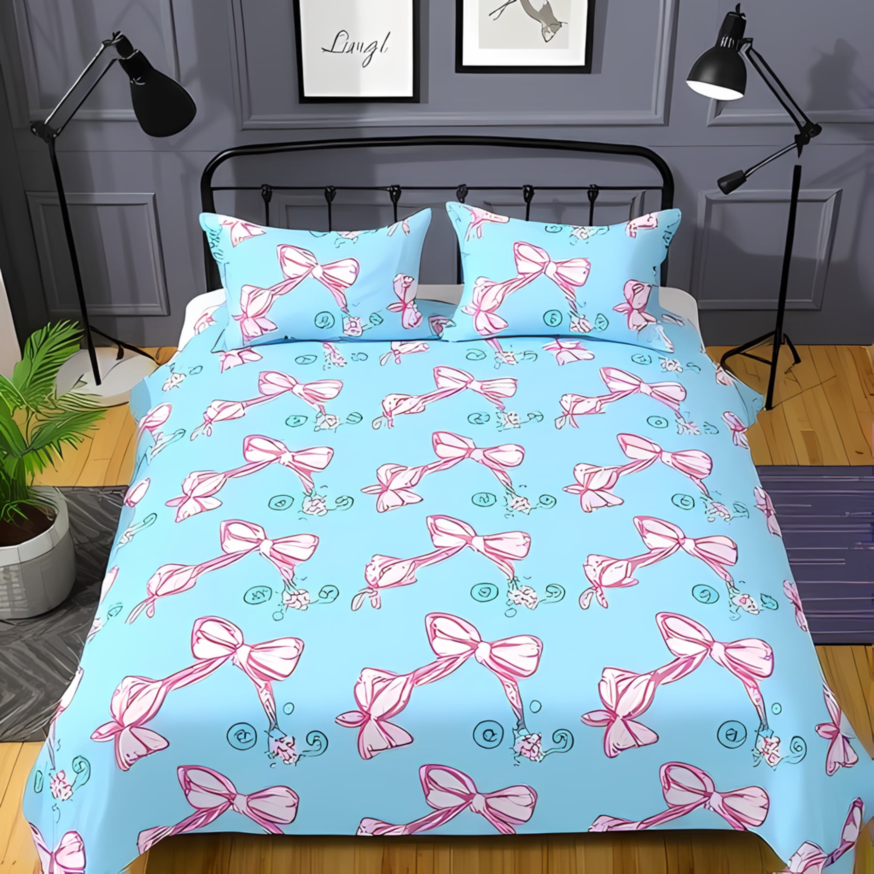 3-Piece Light Blue Duvet Cover Set with Pink Bow Pattern and Swirling ...