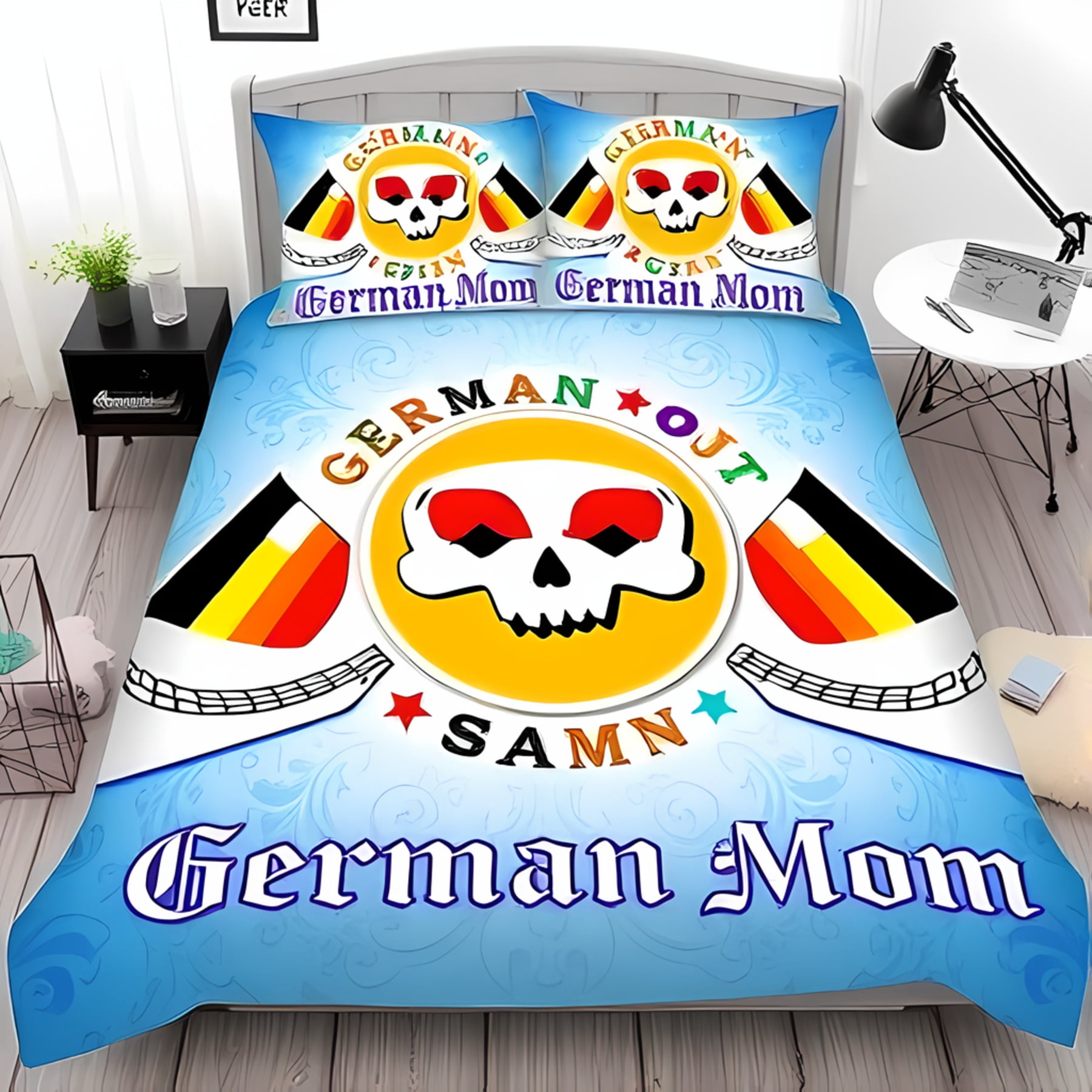 3-Piece Light Blue Duvet Cover Set with Playful Motif Red Eyes & German ...