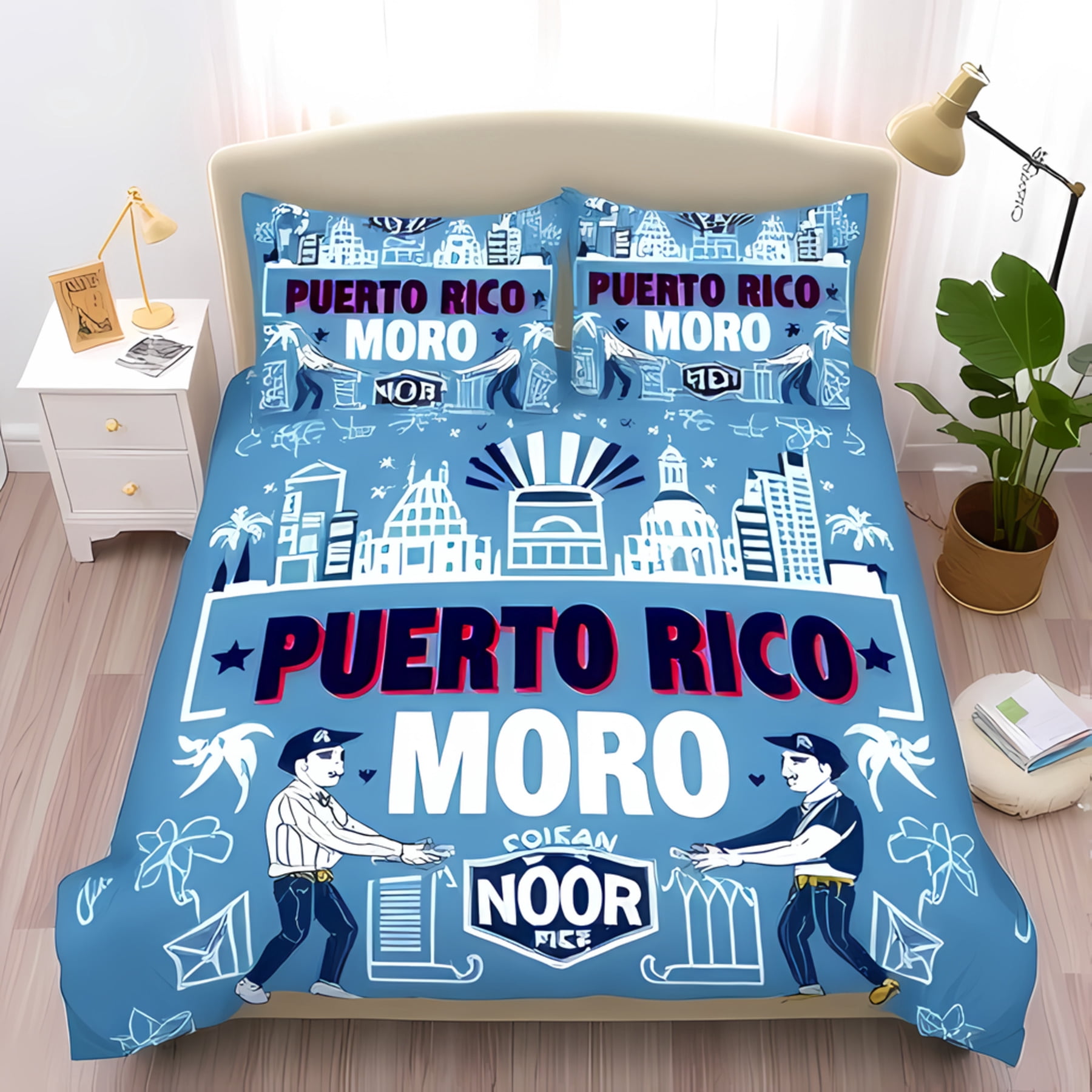 3-Piece Light Blue Duvet Cover Set with Puerto Rico Moro Cityscape ...