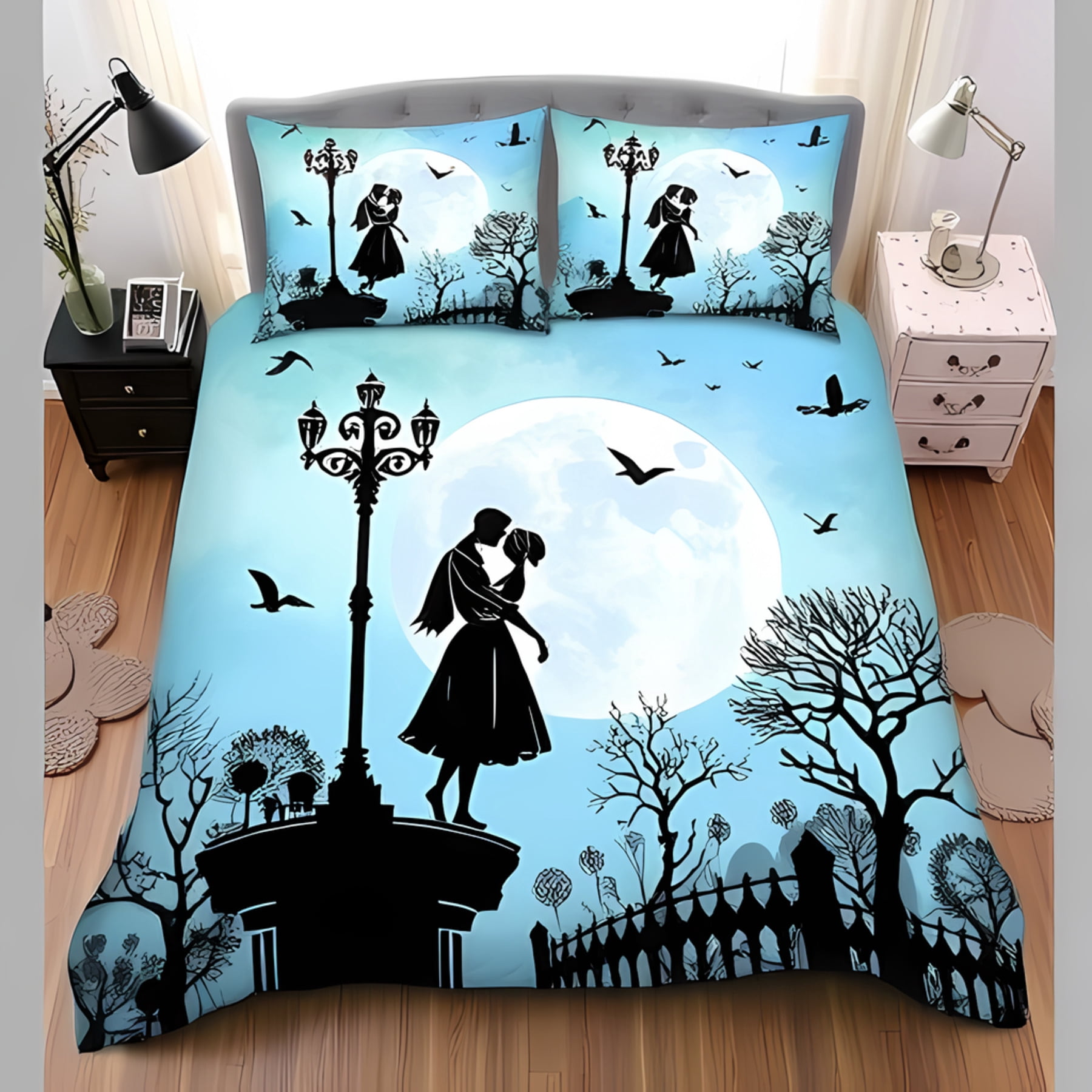3-Piece Light Blue Duvet Cover Set with Romantic Couple & Moon Design ...