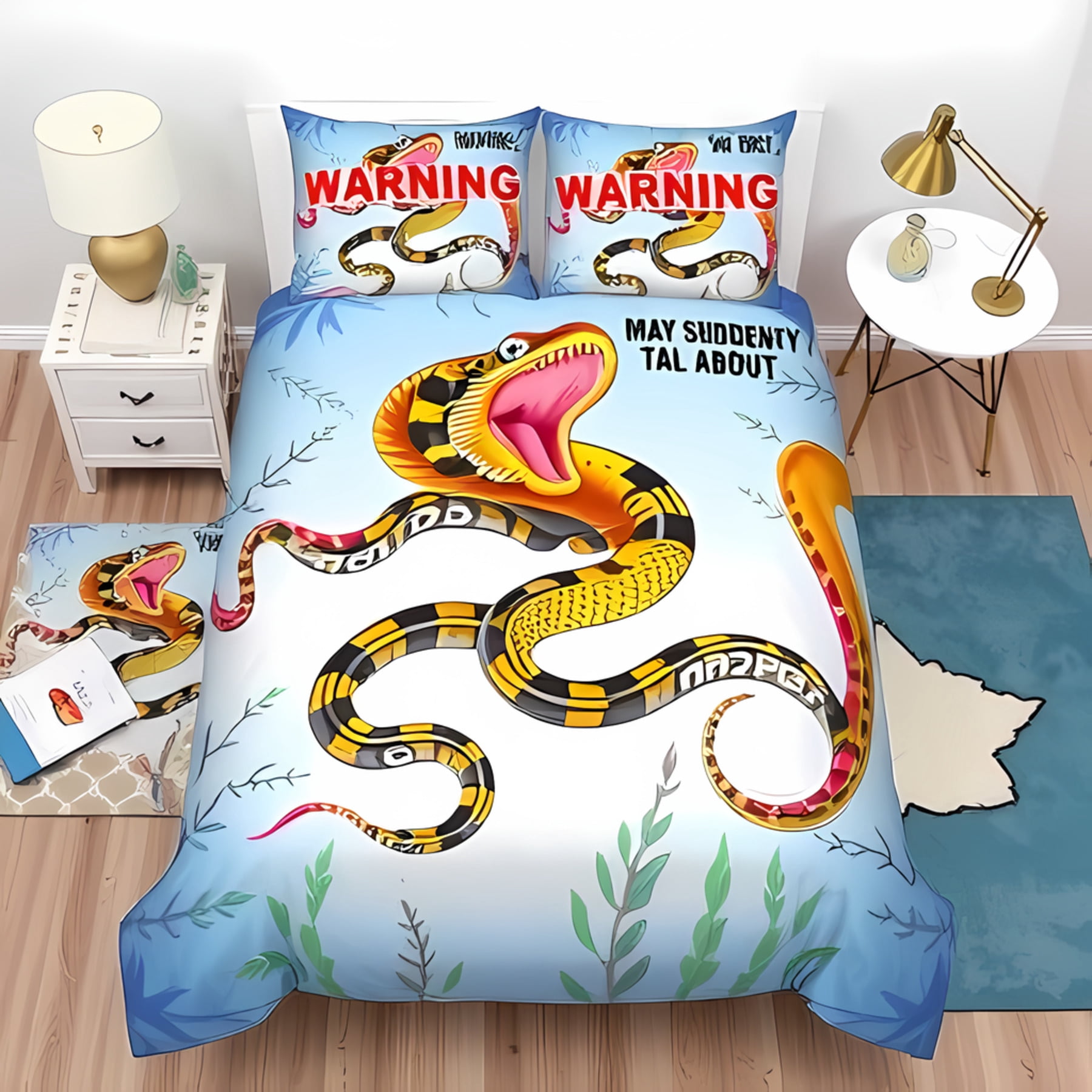 3-Piece Light Blue Duvet Cover Set with Vintage-Style Colorful Snake ...