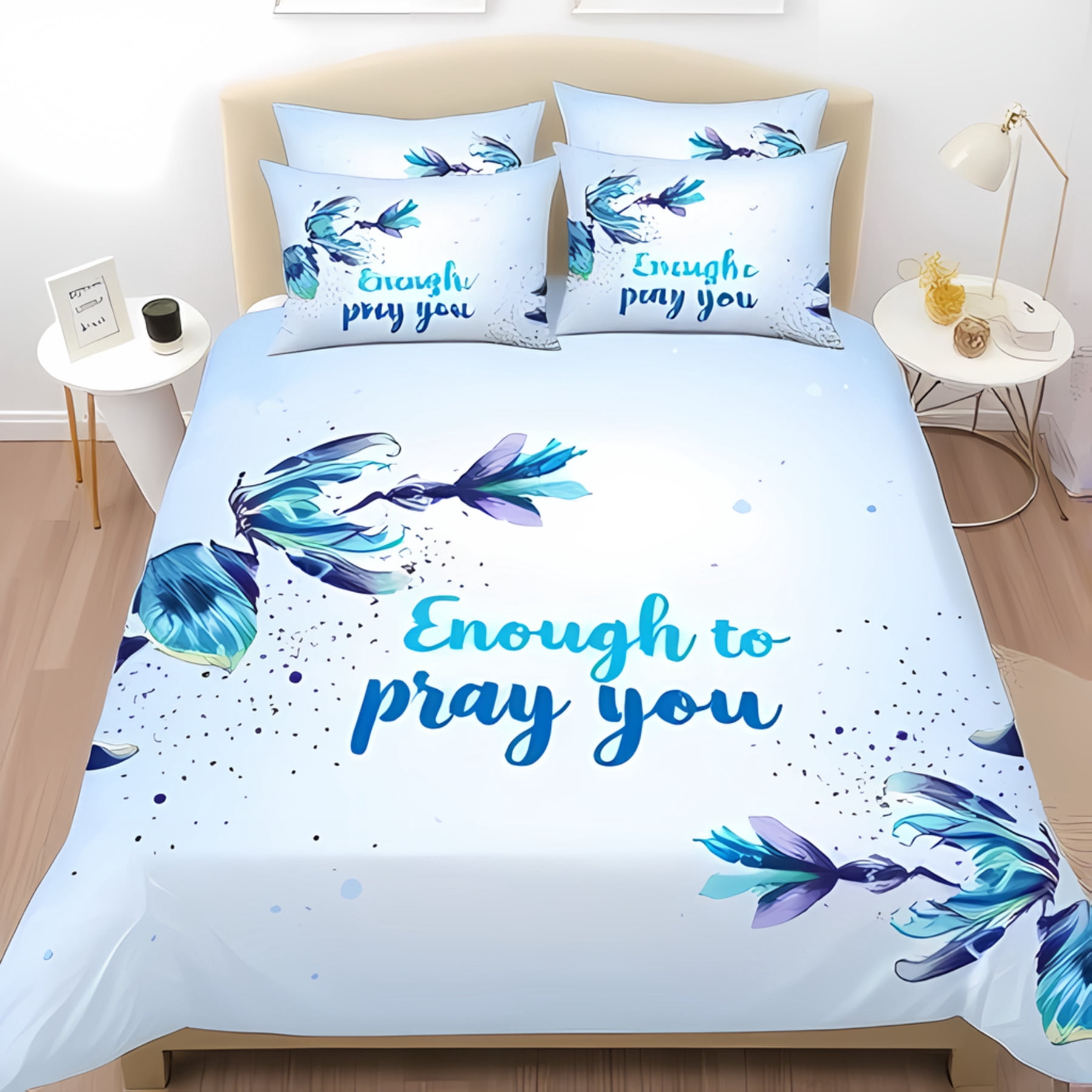 3-Piece Light Blue Duvet Cover Set with Watercolor Teal & Blue Feathers ...