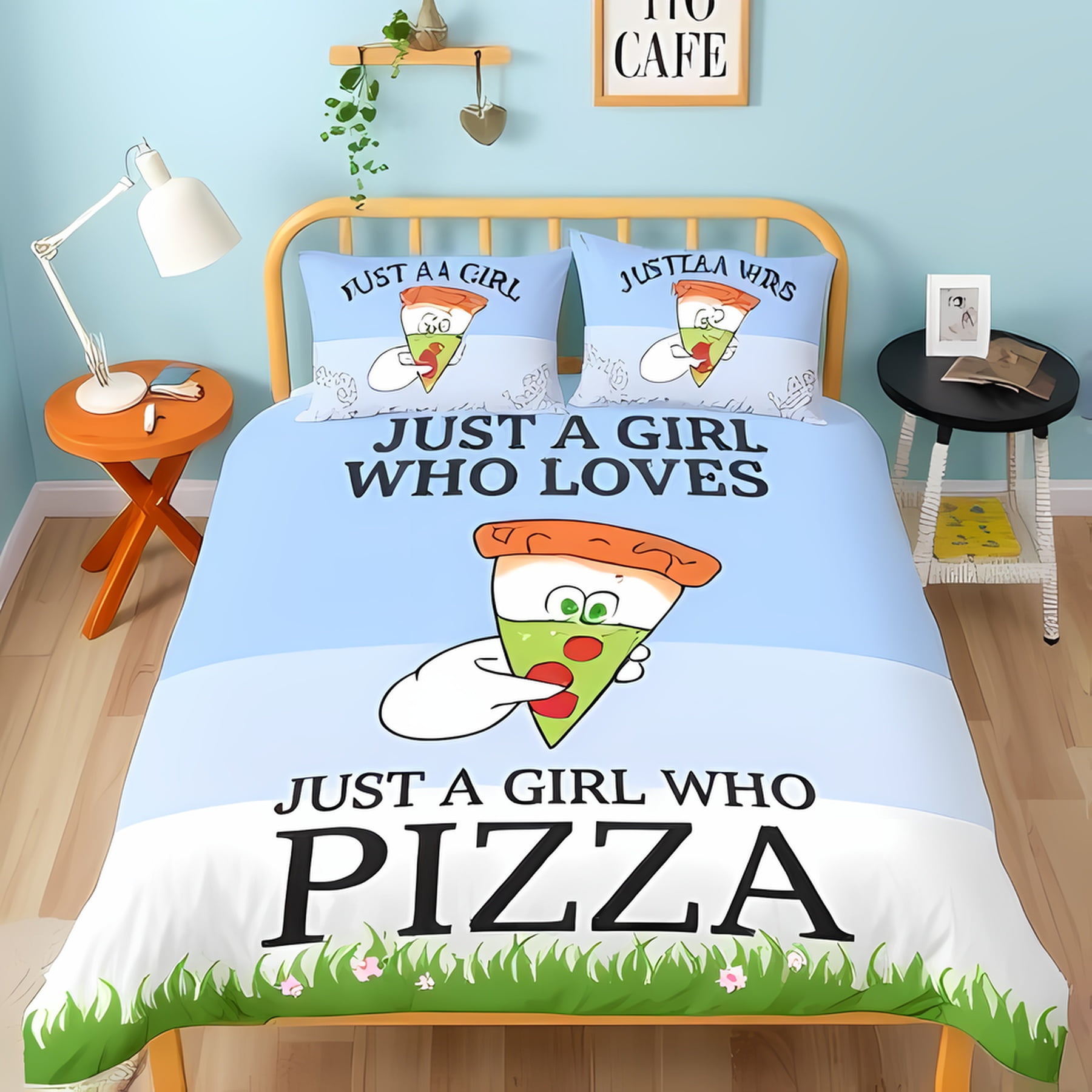 3-Piece Light Blue Pizza Duvet Cover & Pillowcase Set - Fun Cartoon ...