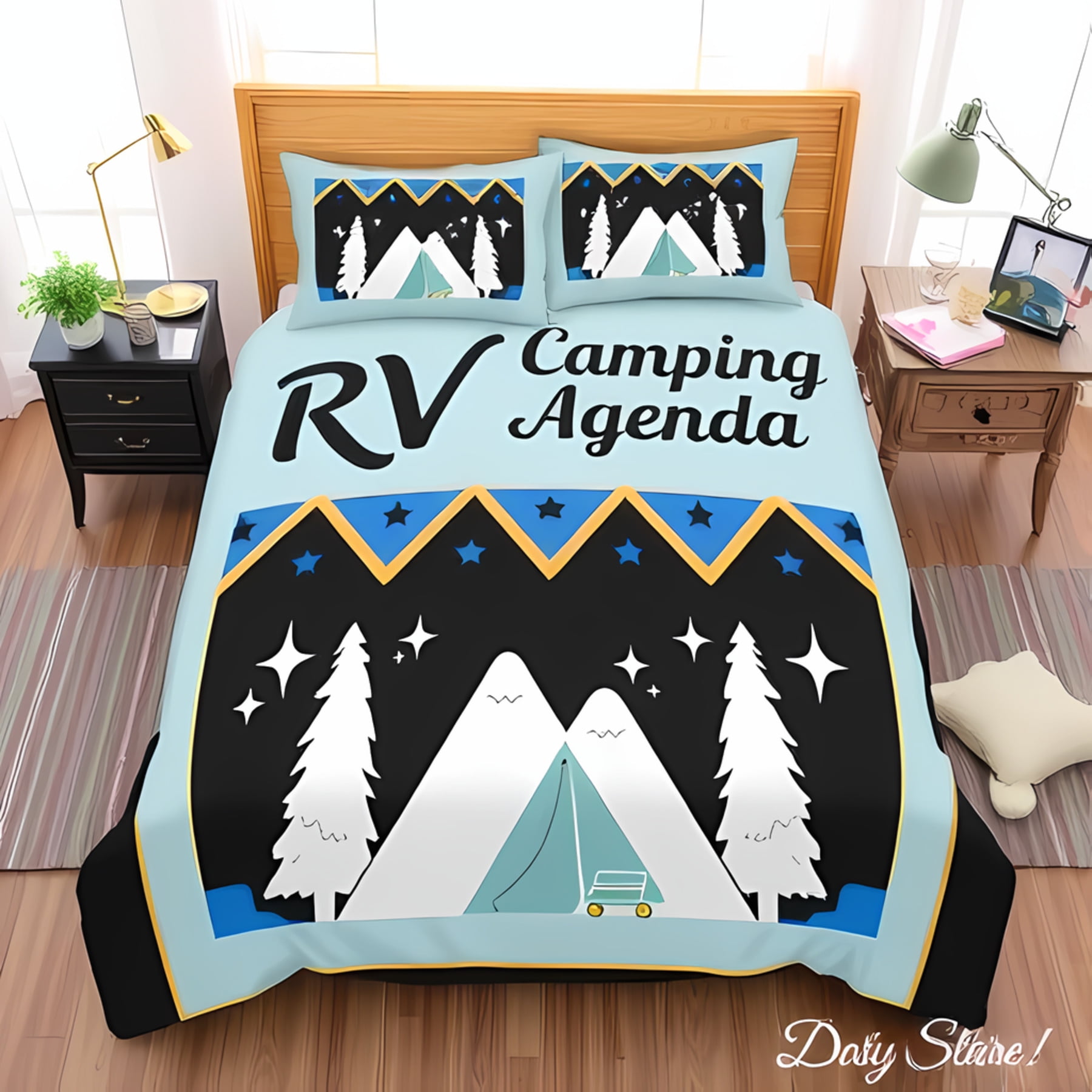 3-Piece Light Blue RV Camping Duvet Cover Set with Whimsical Mountains ...