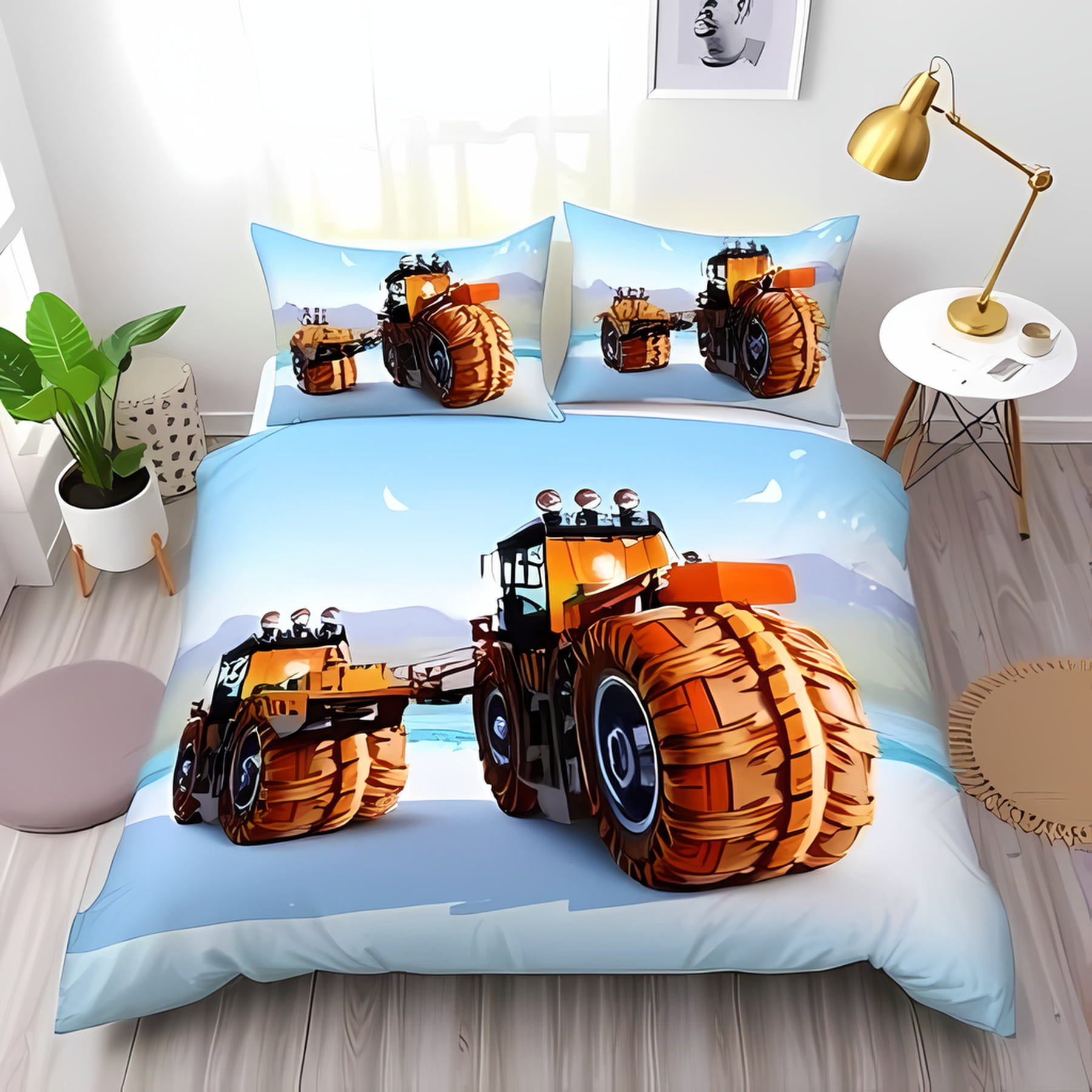 3-Piece Light Blue Tractor Duvet Cover & Pillowcase Set Whimsical Farm ...