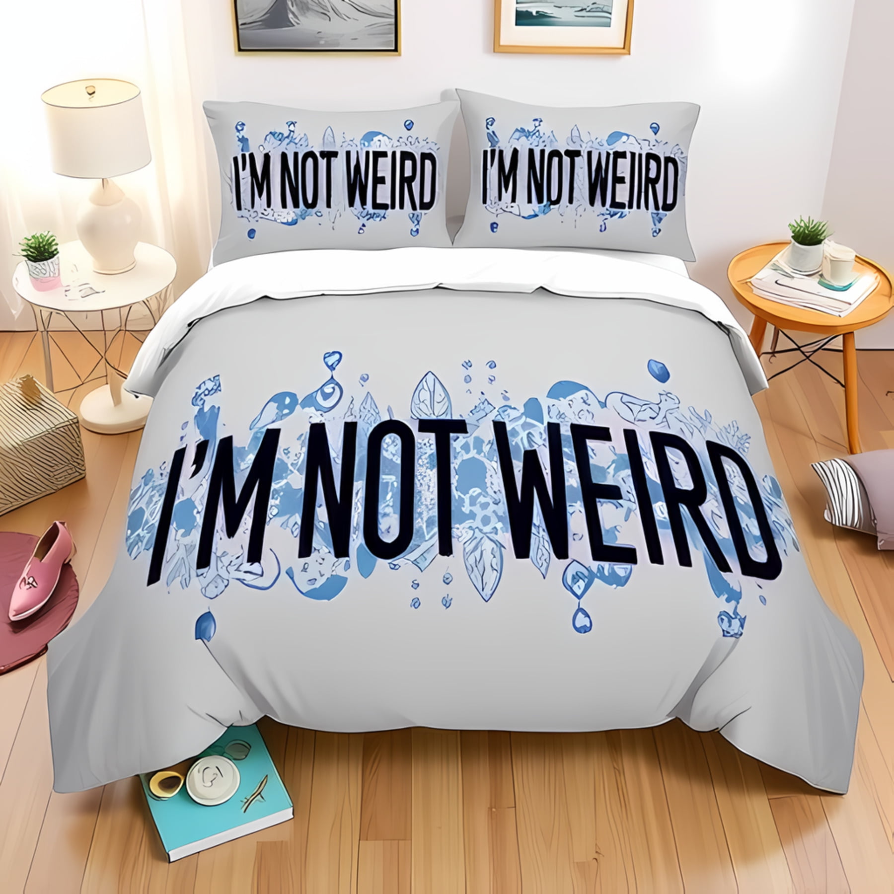 3-Piece Light Gray Duvet Cover Set with " I'M NOT WEIRD " in Bold Black Whimsical Blue Leaves ...