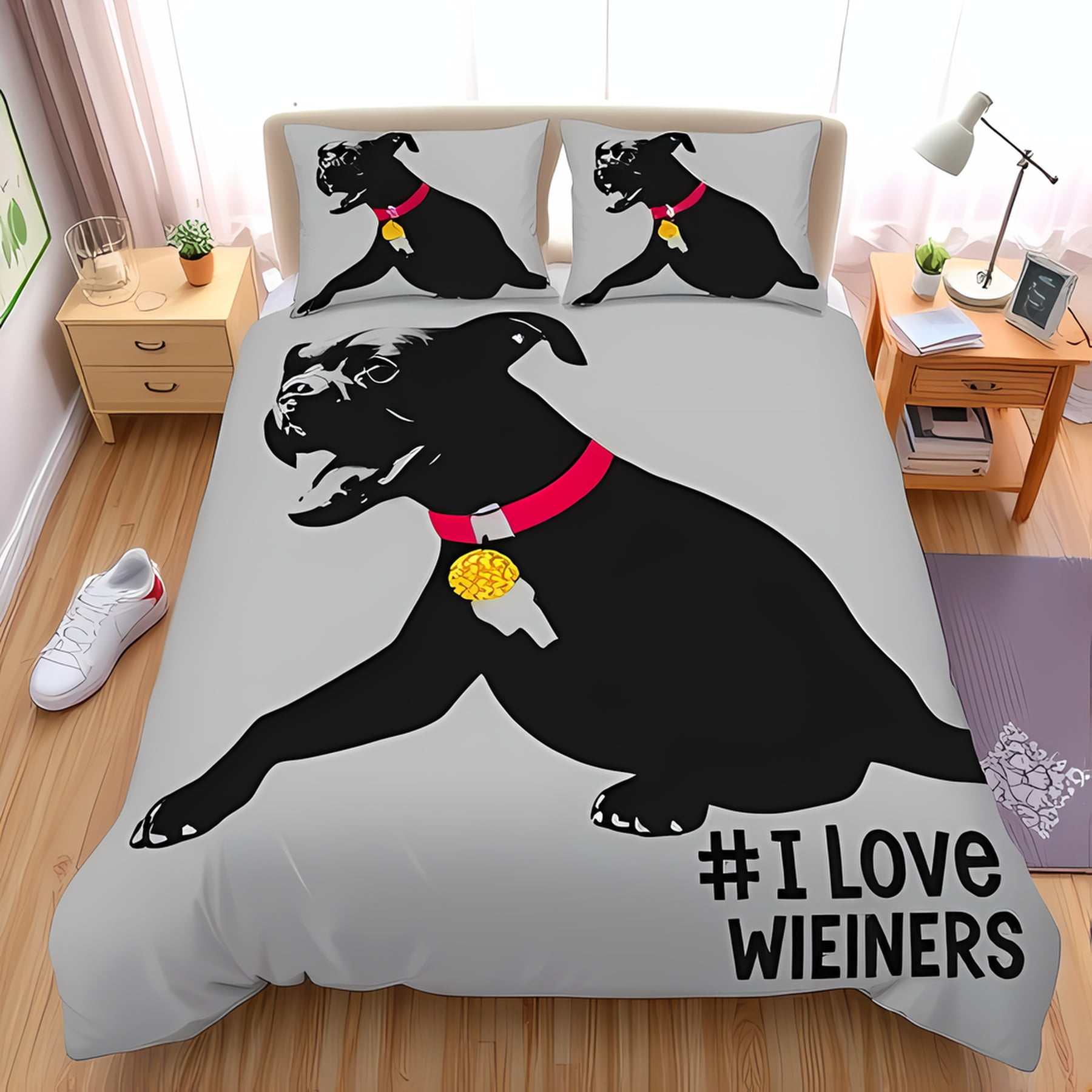 3-Piece Light Grey Duvet Cover Set with Black Boxer Dog Design & Fun #I ...
