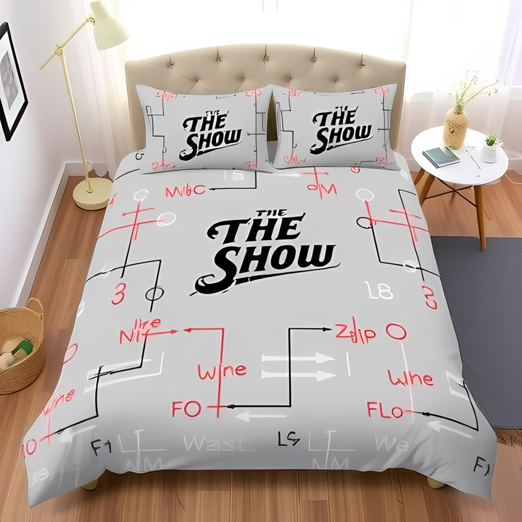 3-Piece Light Grey Duvet Cover Set with Playful Technical Drawing ...