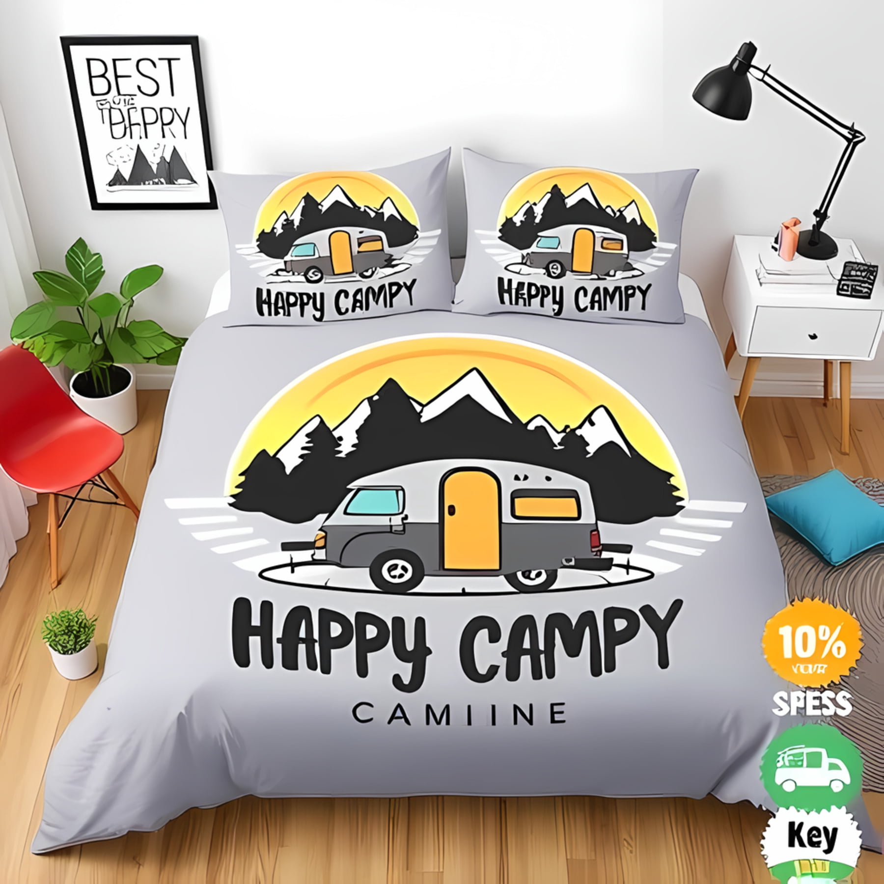 3-Piece Light Grey Duvet Cover Set with Whimsical Van & Mountain ...