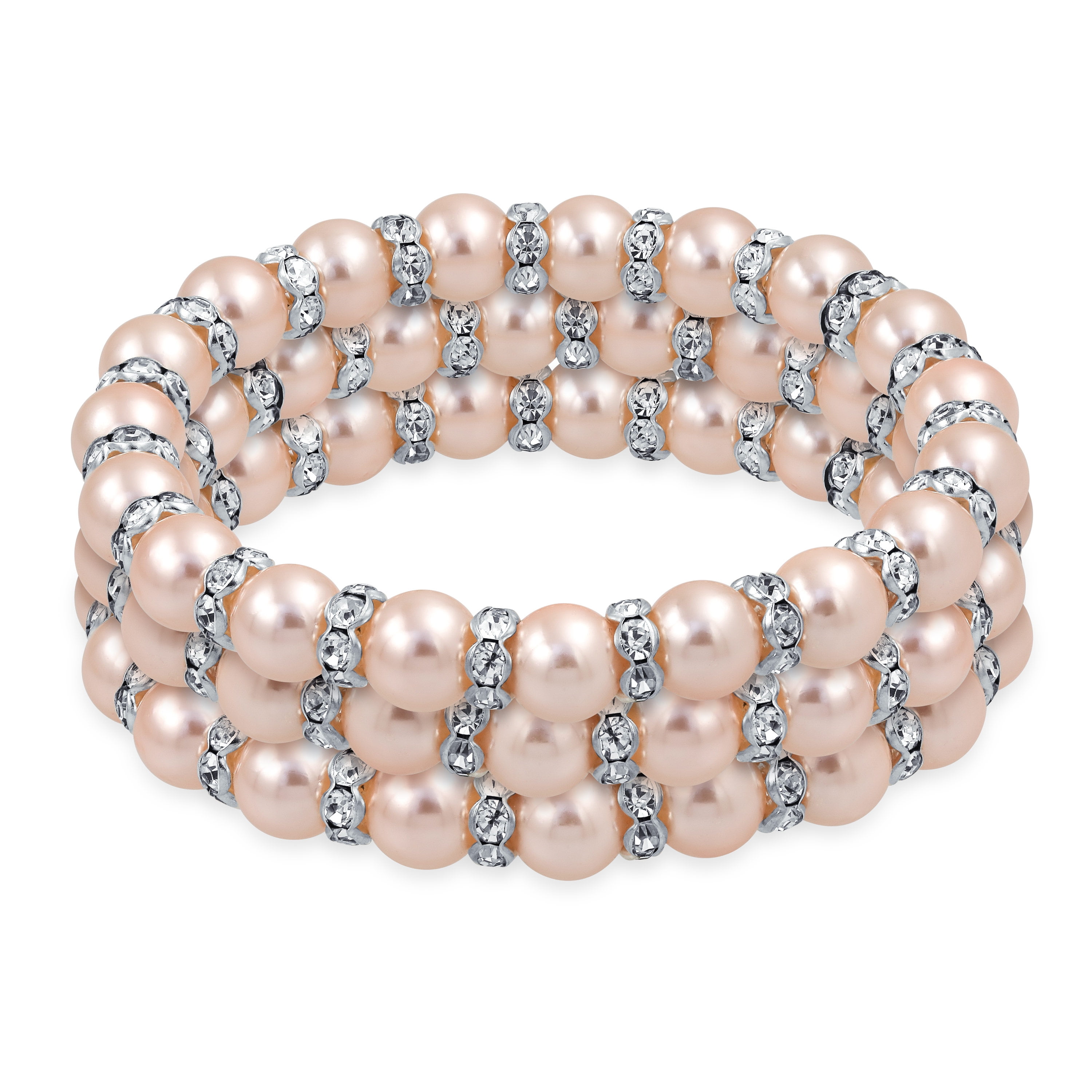 3-Piece Light Pink Simulated Pearl Stretch Bracelet Set Crystal Spacer ...