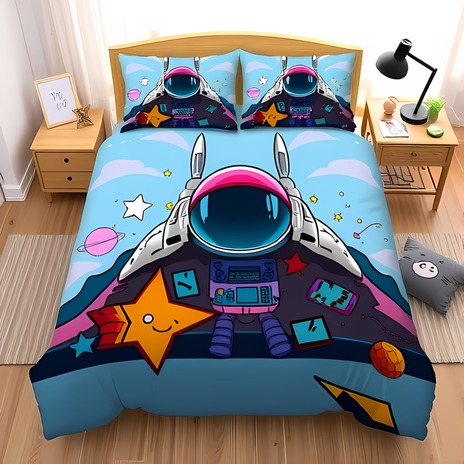 3-Piece Light Teal-Blue Cartoon Duvet Cover Set Fun Space-Themed ...