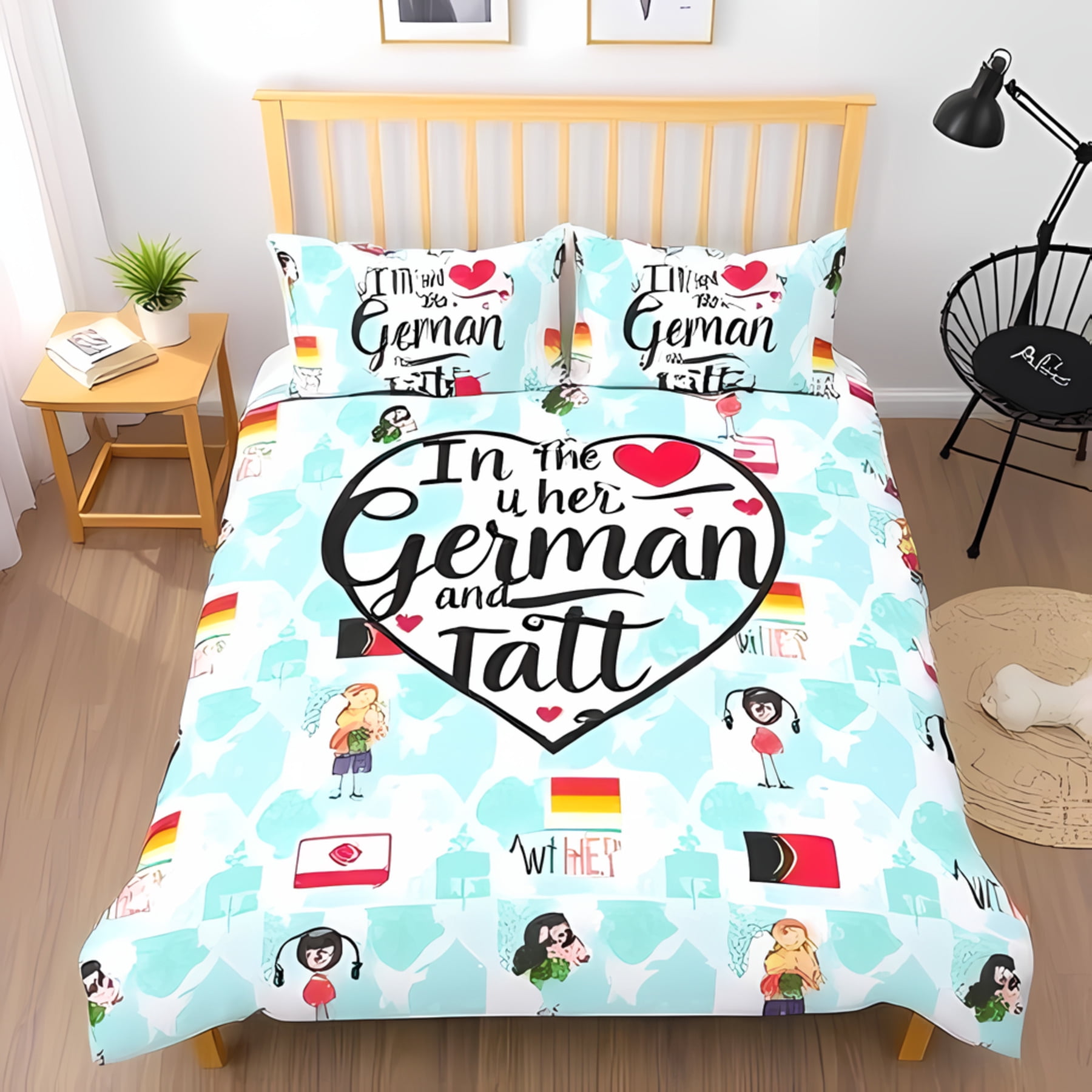 3-Piece Light Teal Duvet Cover Set with Playful Hearts Country Flags ...