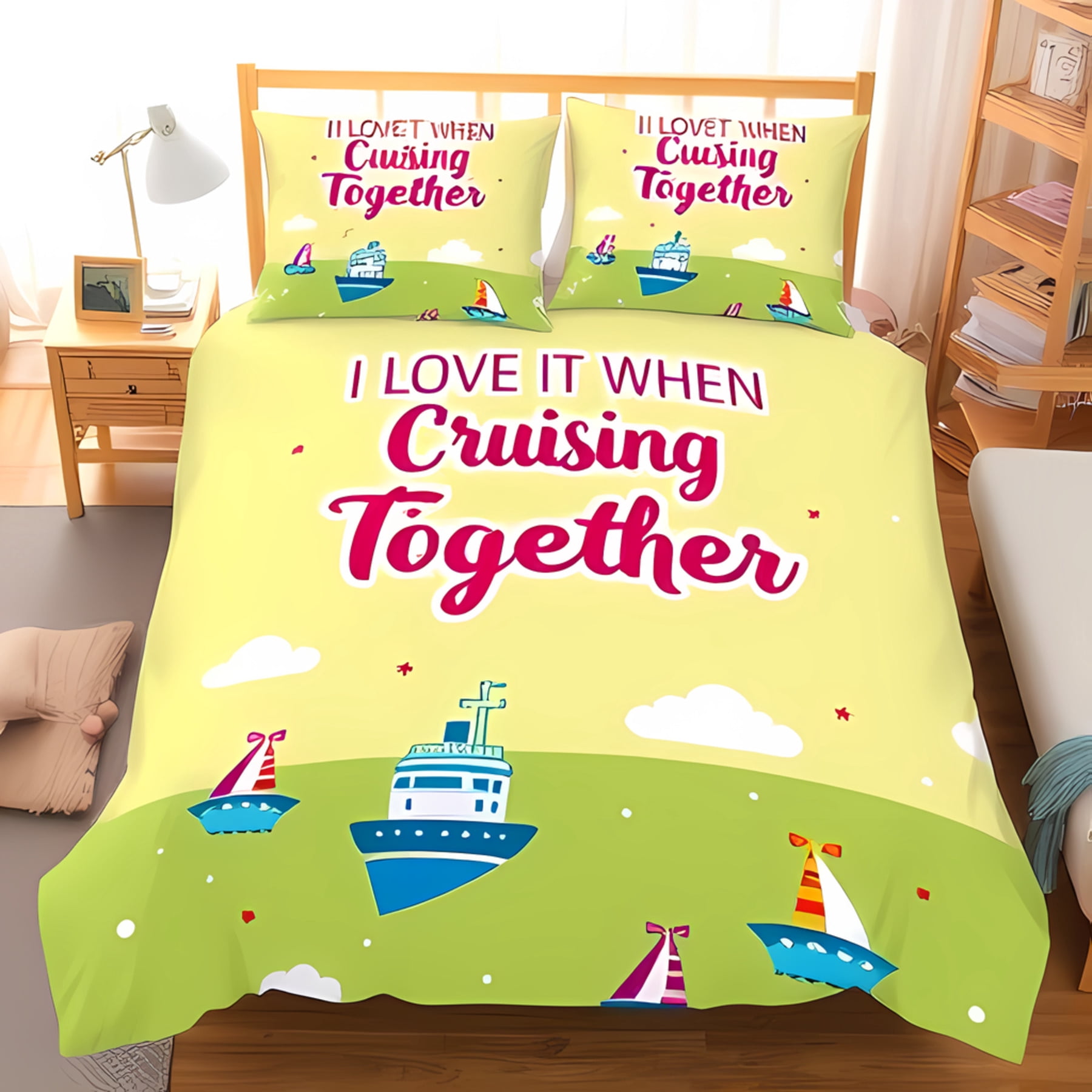 3-Piece Light Yellow Duvet Cover Set with Playful Sailboat and Cruise ...