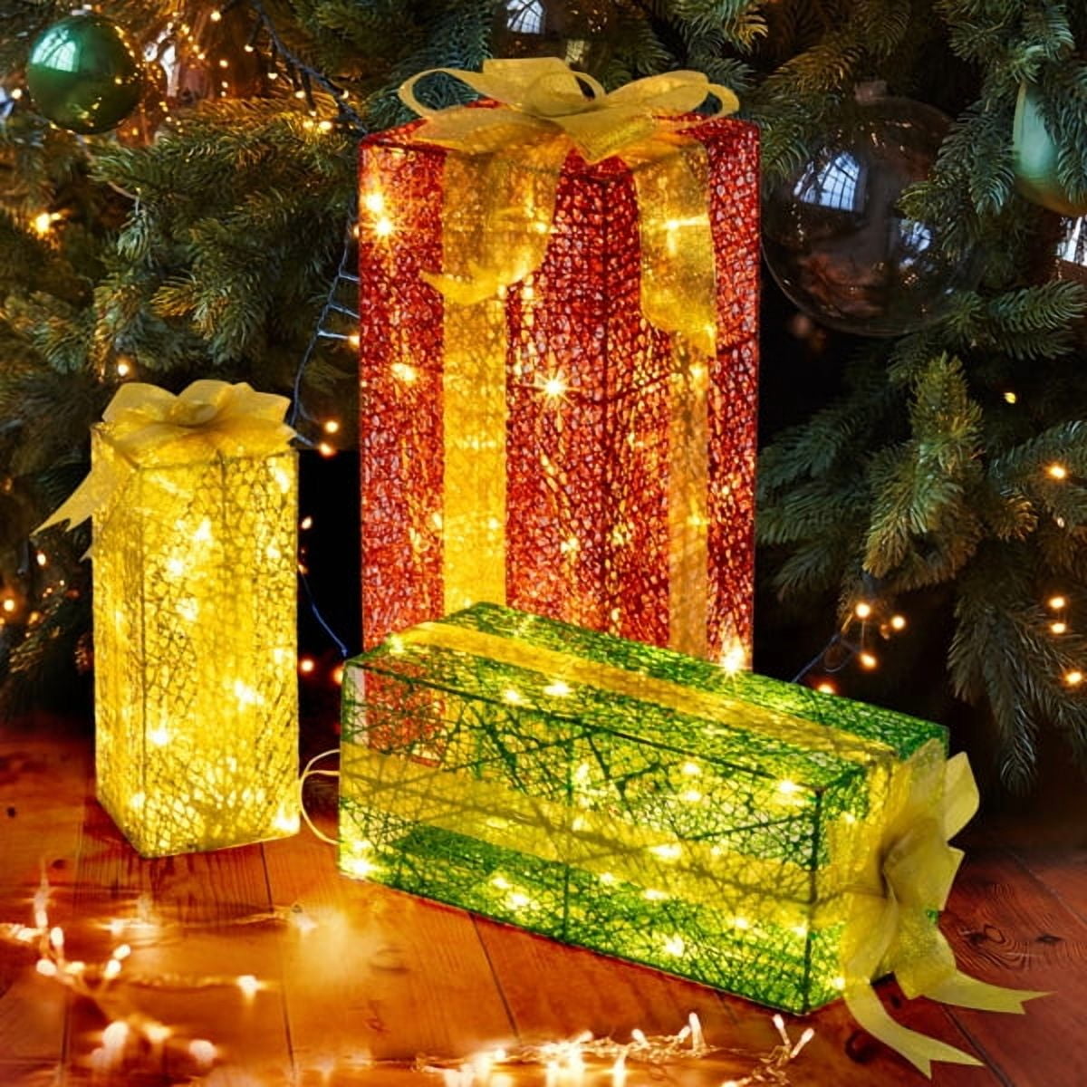 3-Piece Lighted Gift Box Set (18in/15in/11in) - 90 Warm White LEDs ...
