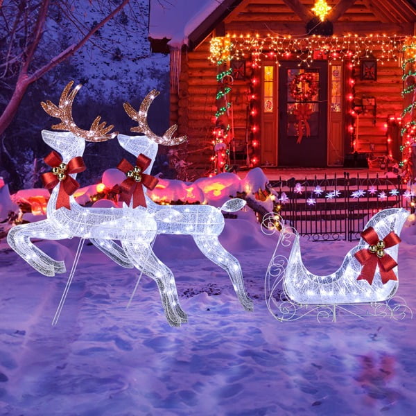 3-Piece Lighted Set of 2 Reindeer & Sleigh,211 * 27.5 * 100cm white ...