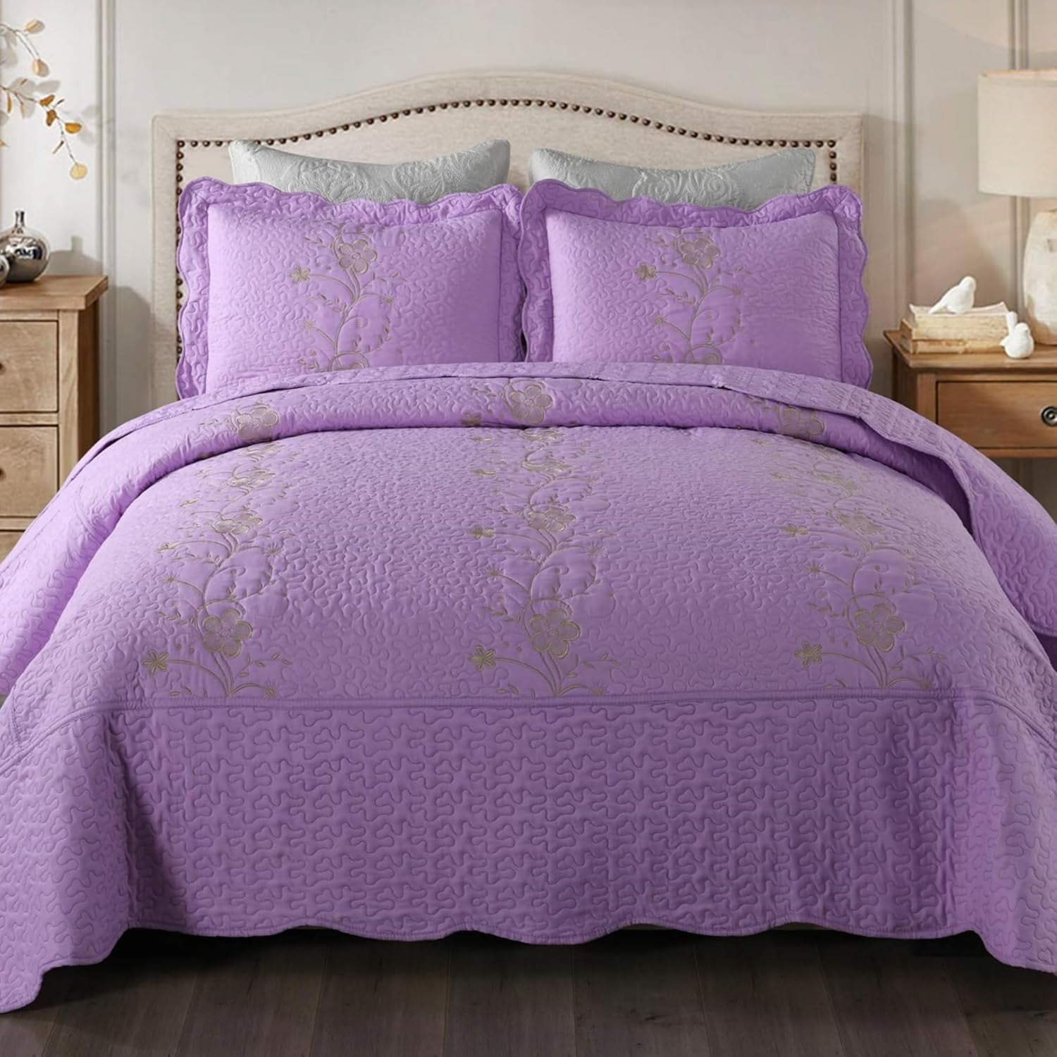 3 Piece Lightweight Bedspread Quilt Set Microfiber Quilt Embroidered ...