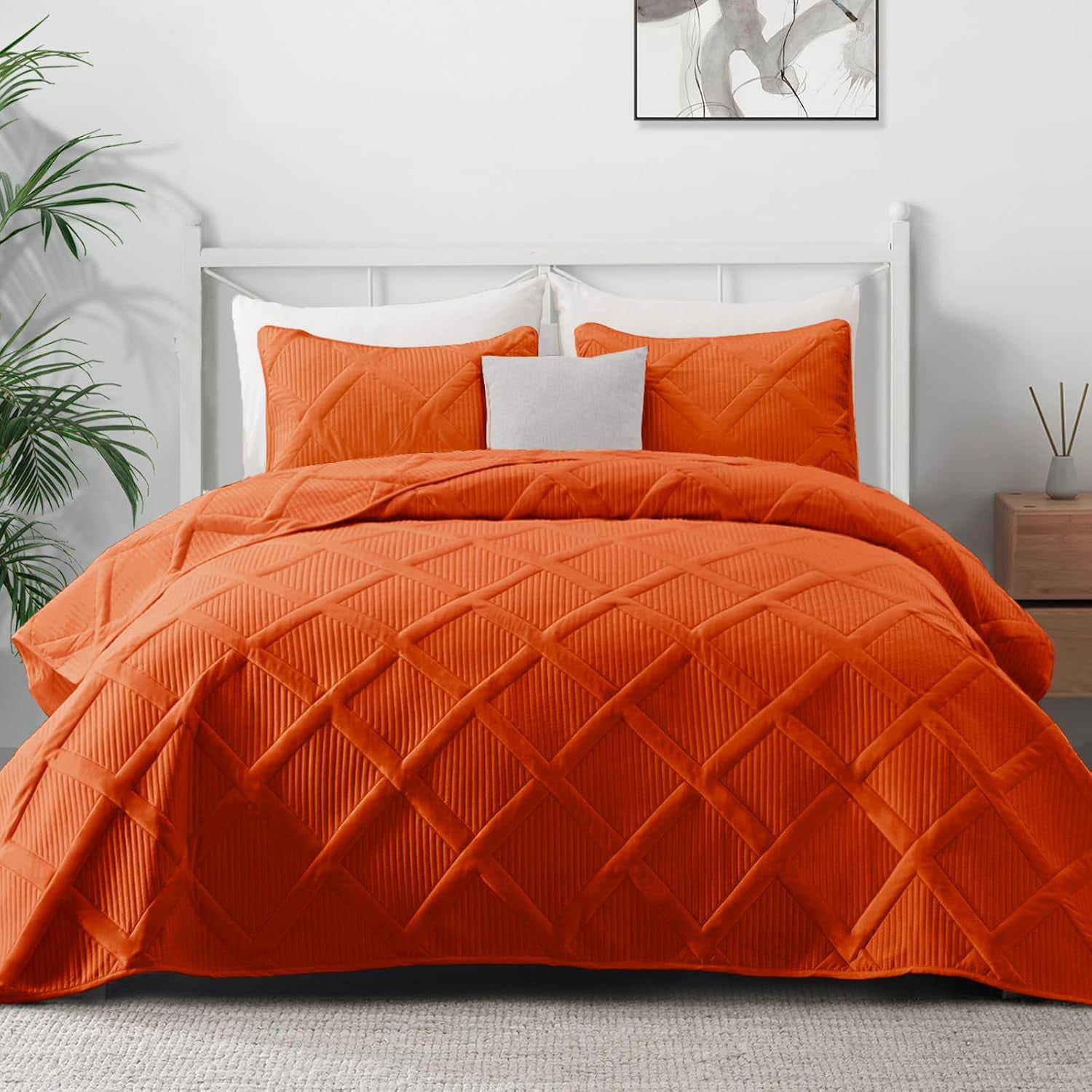 3 Piece Lightweight Burnt Orange Quilt Set with Modern Striped Pattern ...