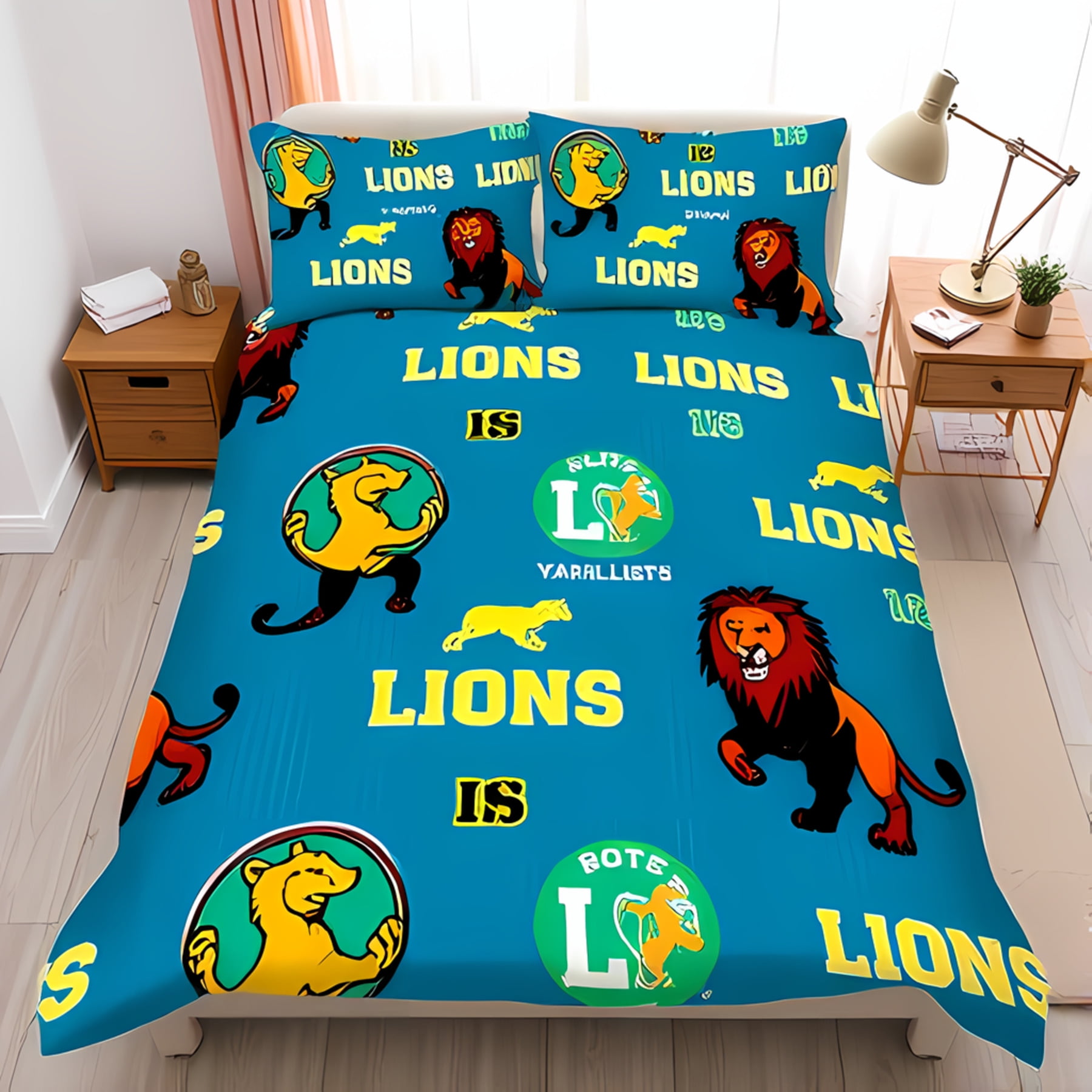 3-Piece Lion Themed Duvet Cover Set - Vibrant Blue Bedding with Playful ...