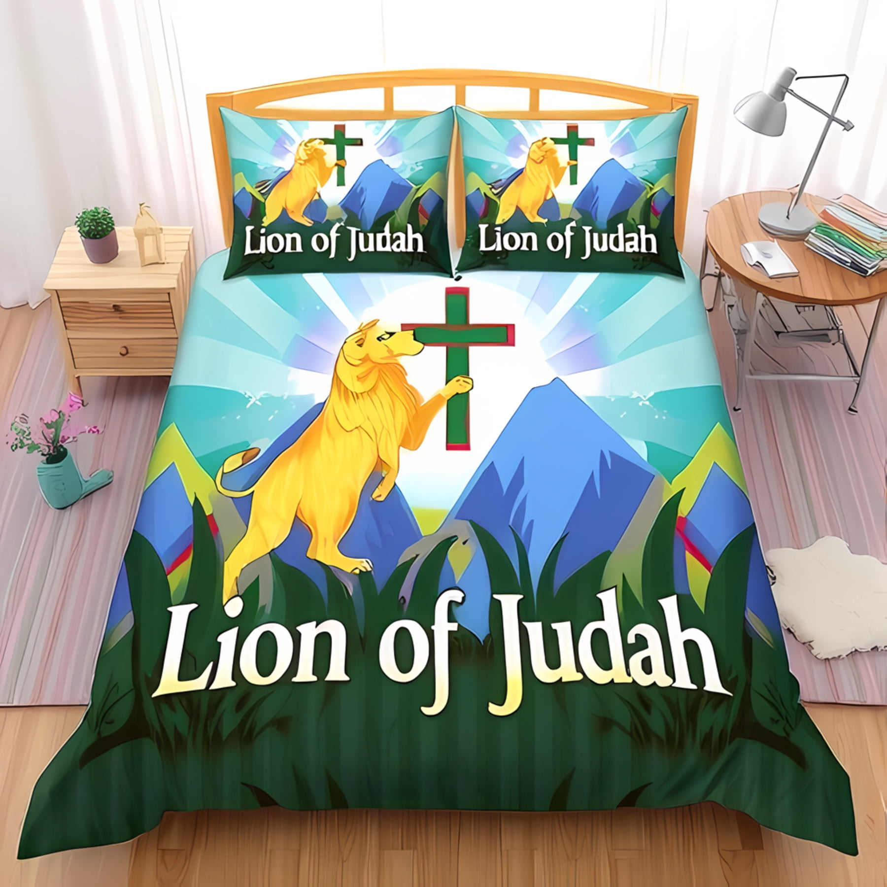 3-Piece Lion of Judah Duvet Cover Set - Majestic Lion Design with Green ...