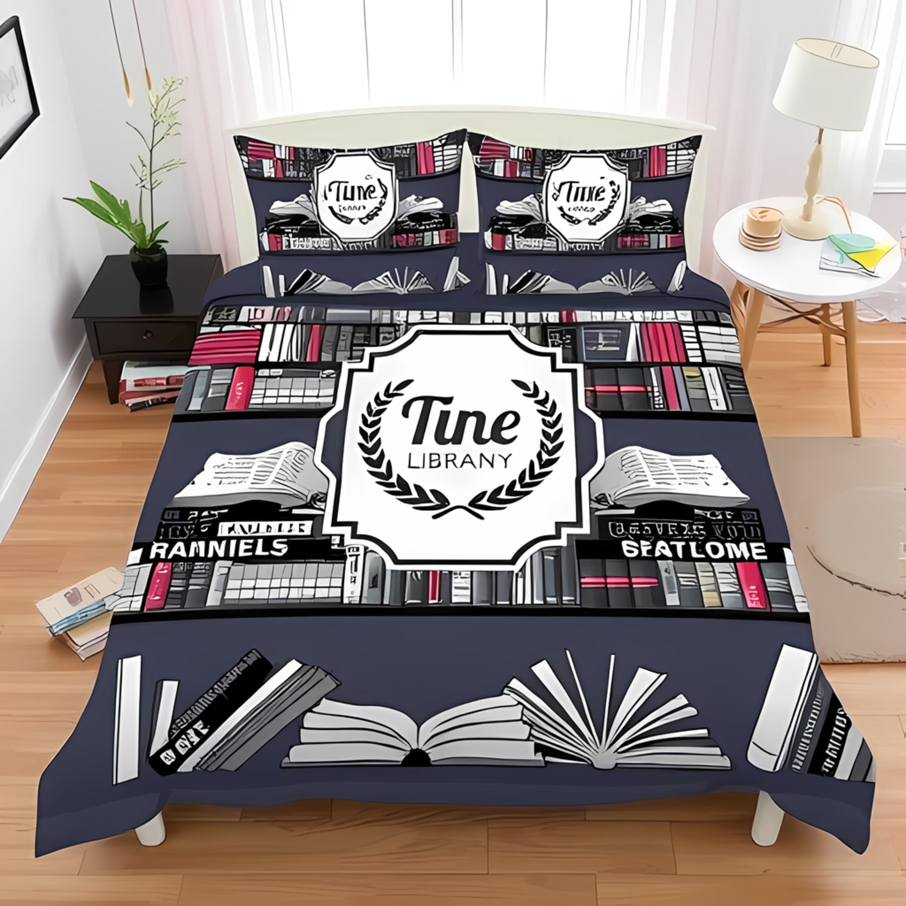 3-Piece Literary Themed Duvet Cover Set - Vibrant Blue & Red Design ...