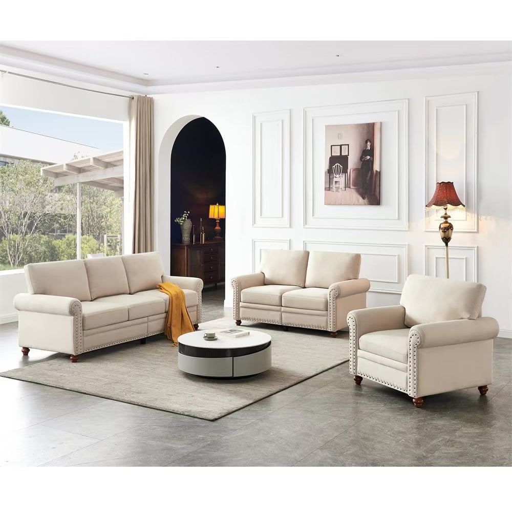 3 Piece Beige Living Room Set: 3-seat Sofa, Loveseat, Armchair ...