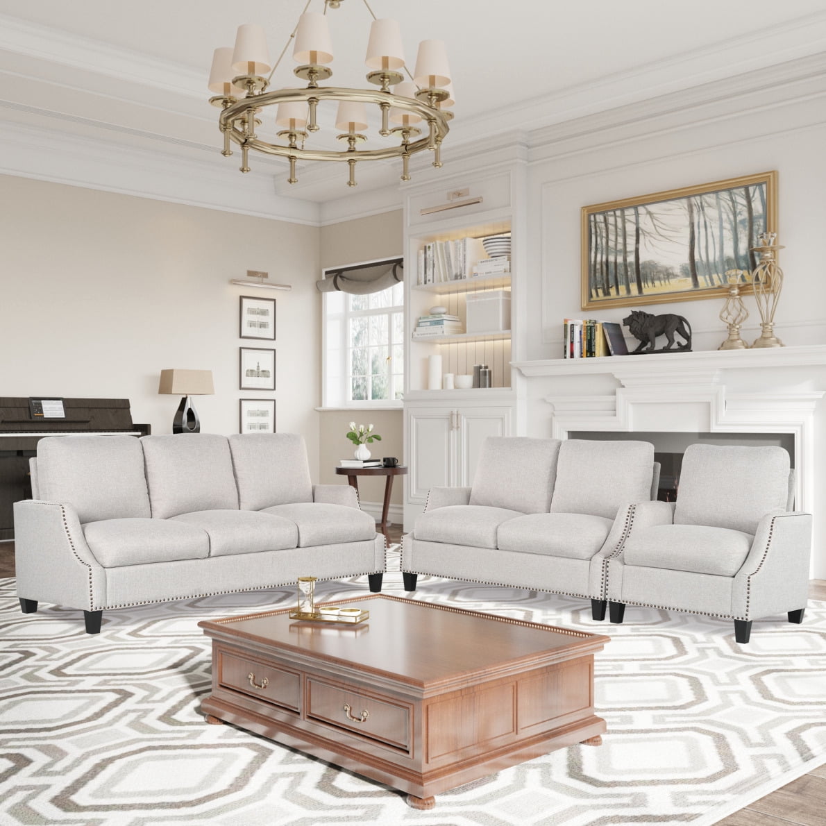 3 Piece Living Room Sofa Set, 3-Seat Sofa Couch and Loveseat & Armchair ...