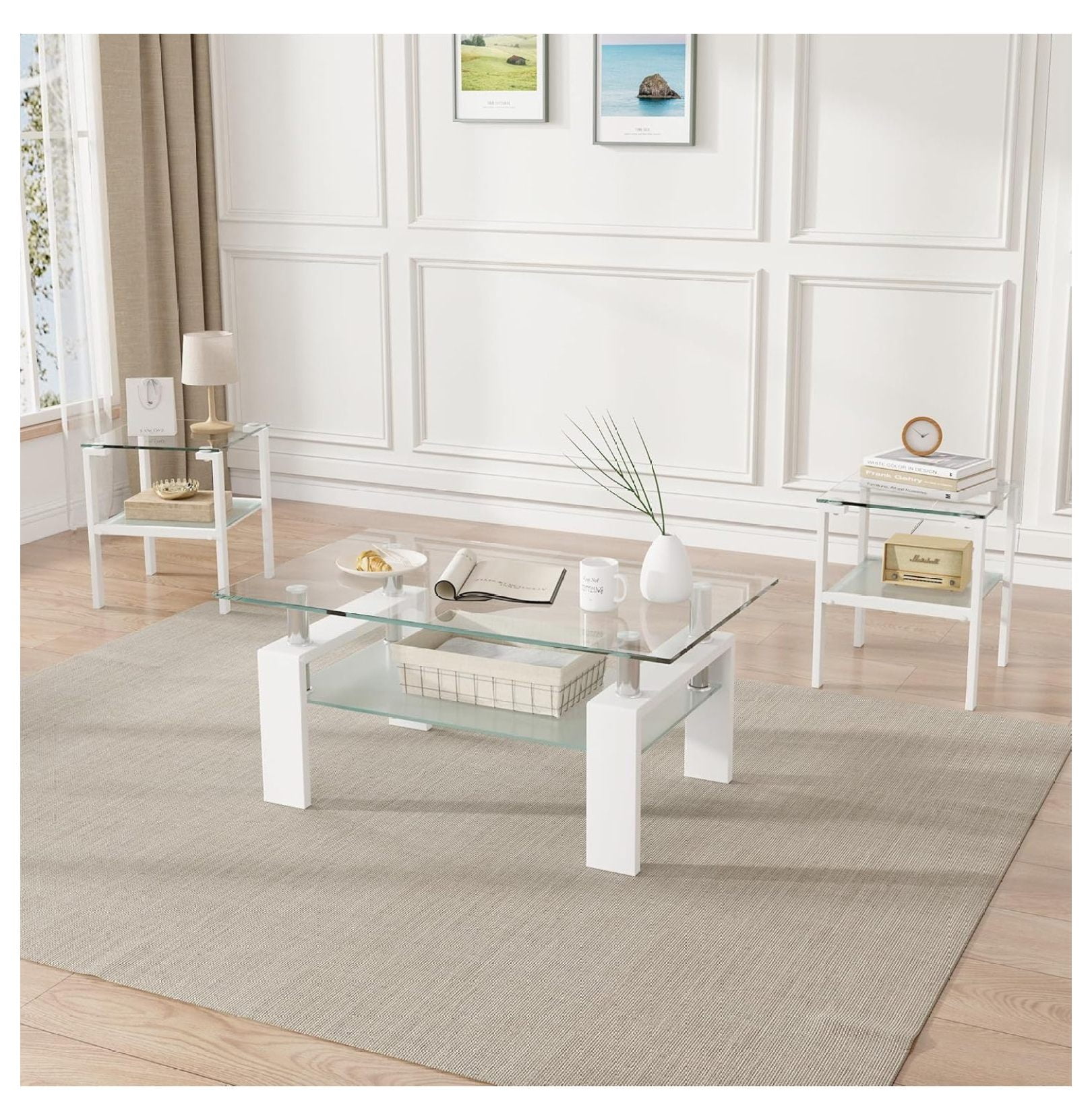 3 Piece Living Room Table Set, Glass Coffee Table and End Table Set of ...
