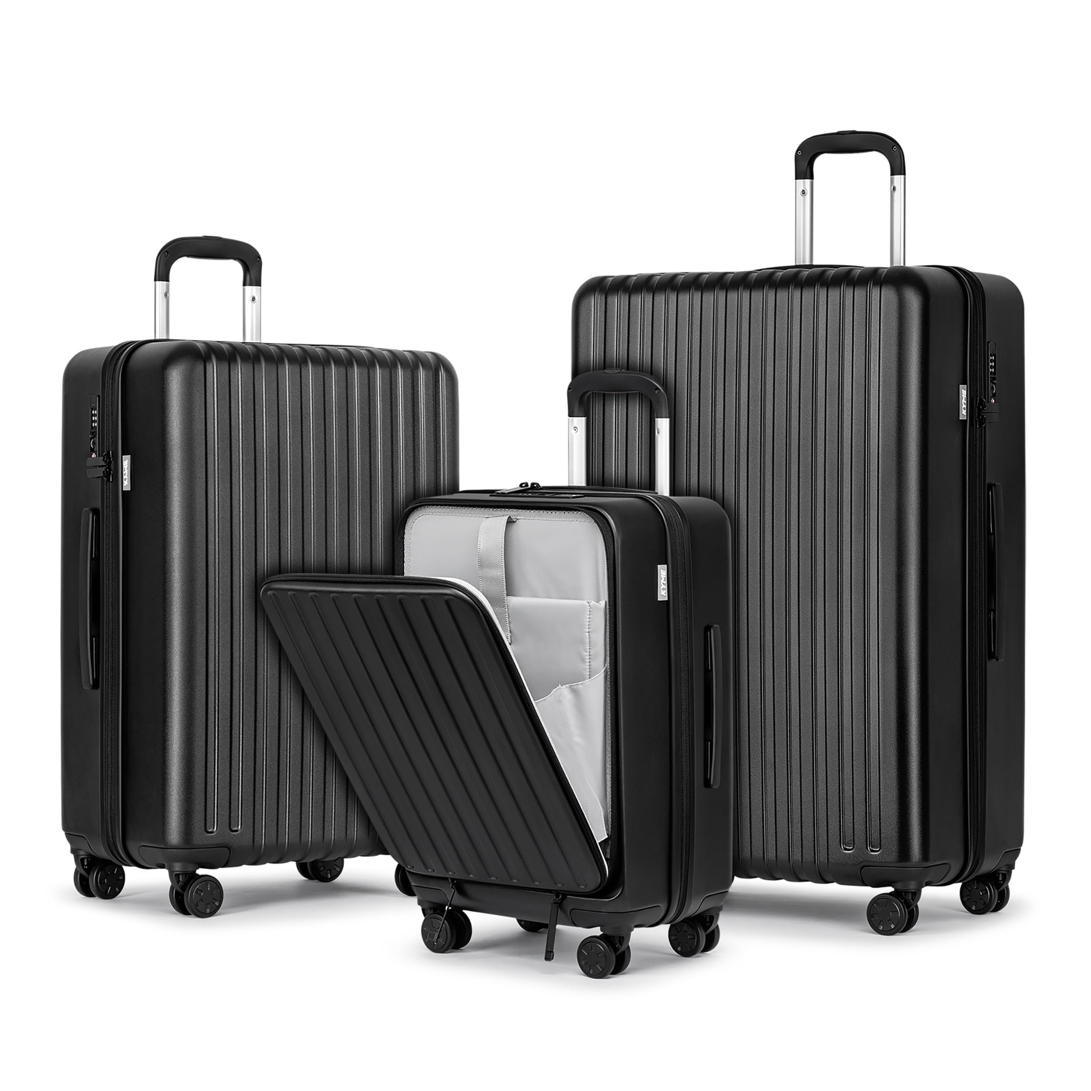 3 Piece Luggage Sets,Front Open Hard Shell 100% PC Suitcase With Double ...