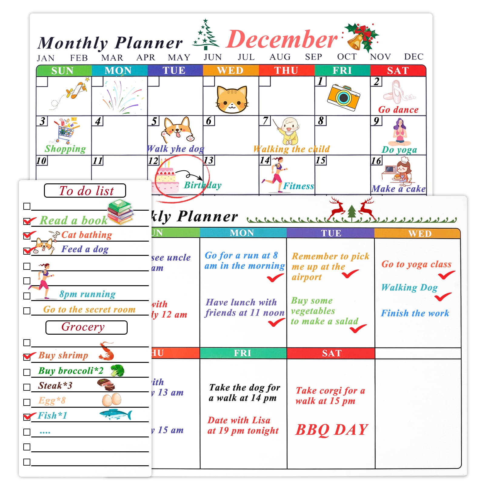 3-Piece Magnetic Fridge Calendar and Dry Erase Planner Set, 14x11 In ...